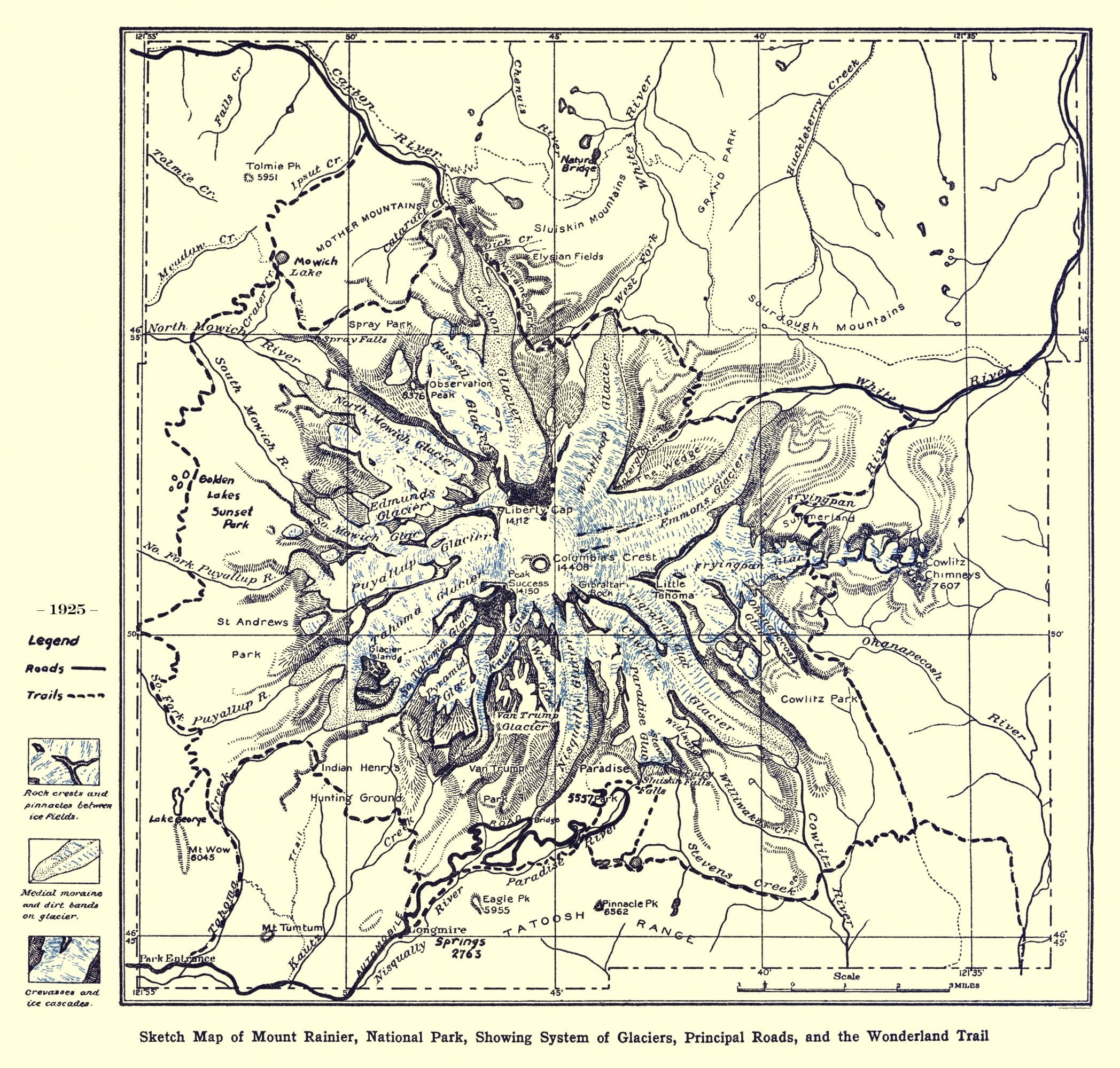 Historic State Map - Mount Rainier National Park - Putnam 1925 - 24 x ...