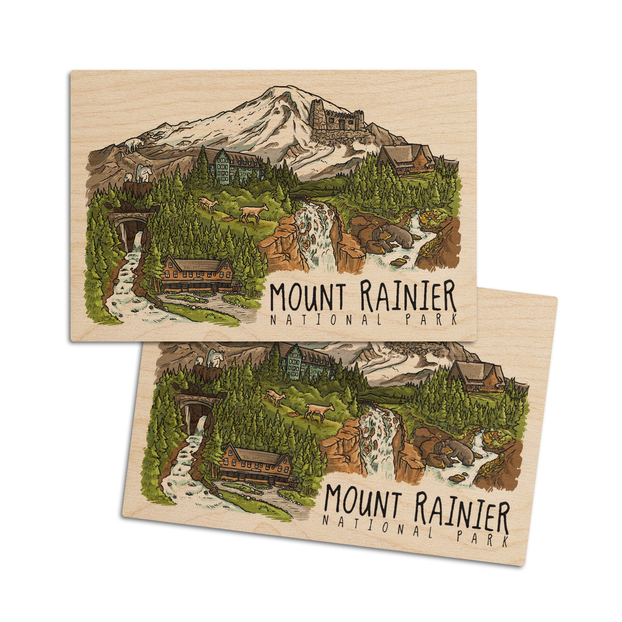 Mount Rainier National Park, Washington, Line Drawing, Waterfalls (4x6 ...