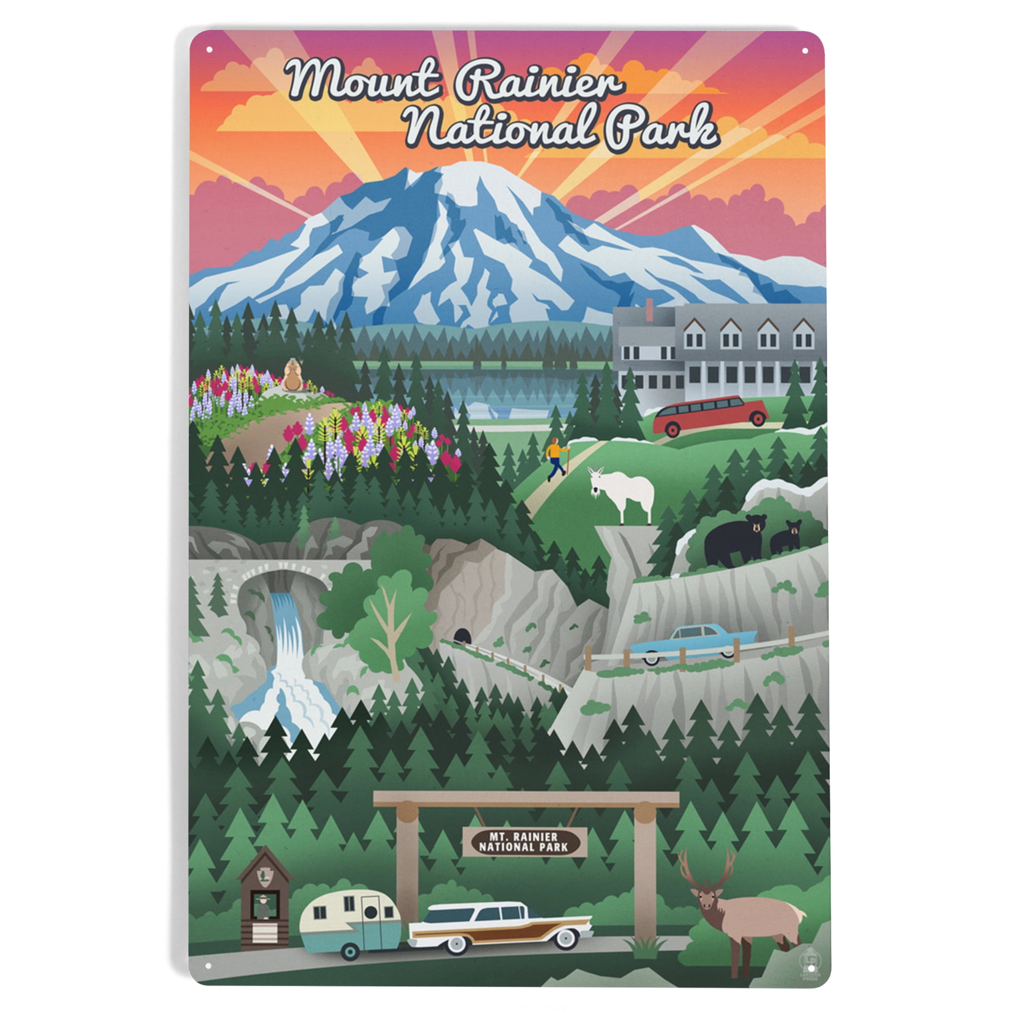 Mount Rainier National Park, Washington, Retro View (12x18 Aluminum Art ...