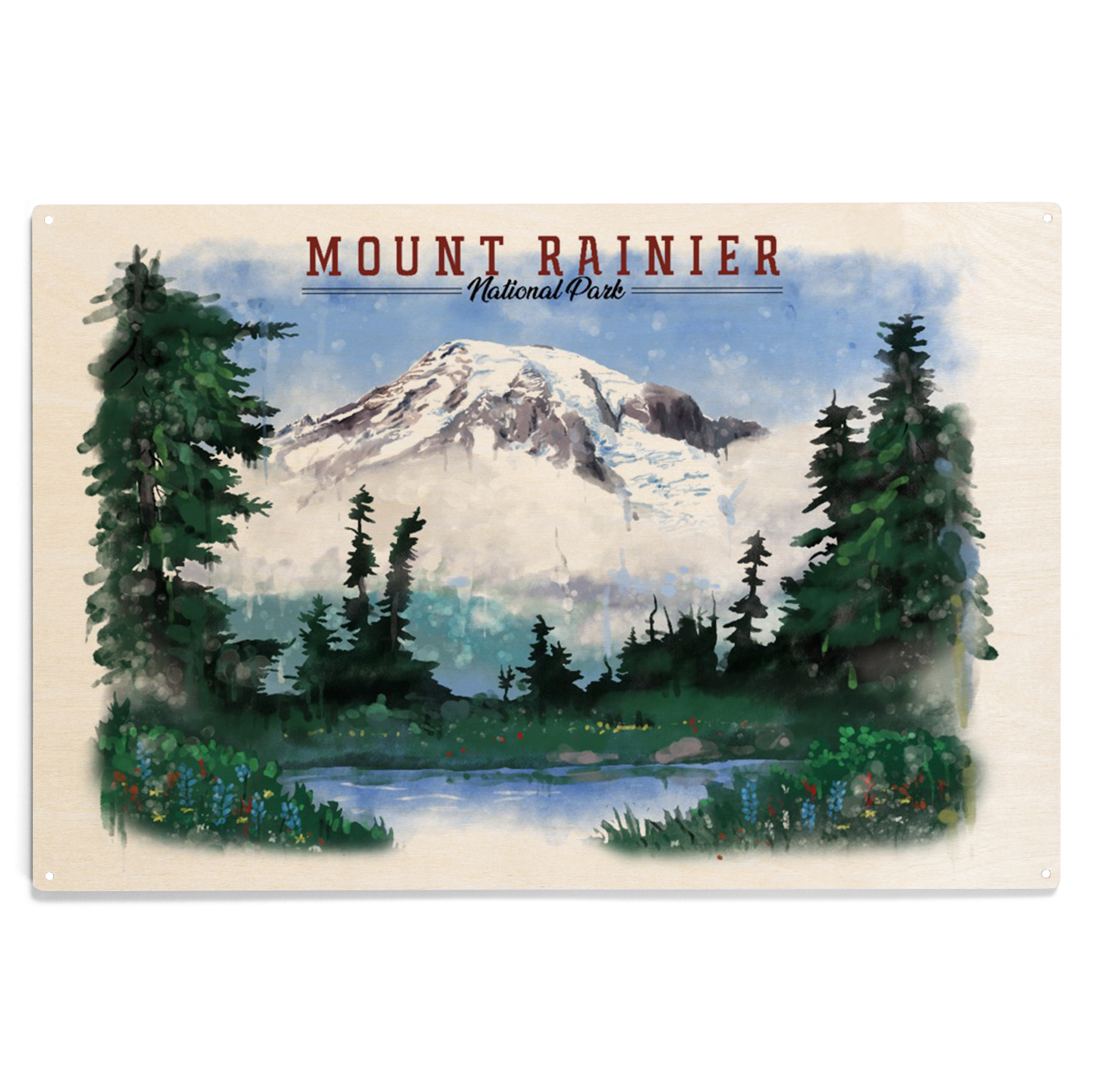 Mount Rainier, Washington, Watercolor Birch Wood Wall Sign (10x15 ...