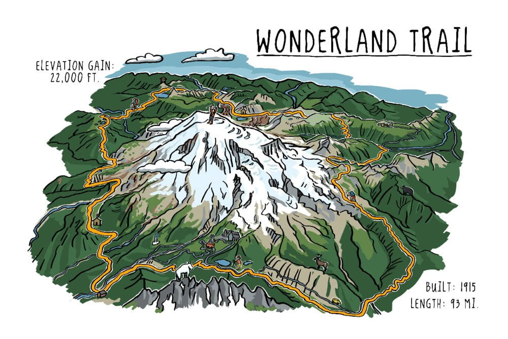 Mount Rainier, Wonderland Trail, Line Drawing (16x24 Giclee Gallery Art ...