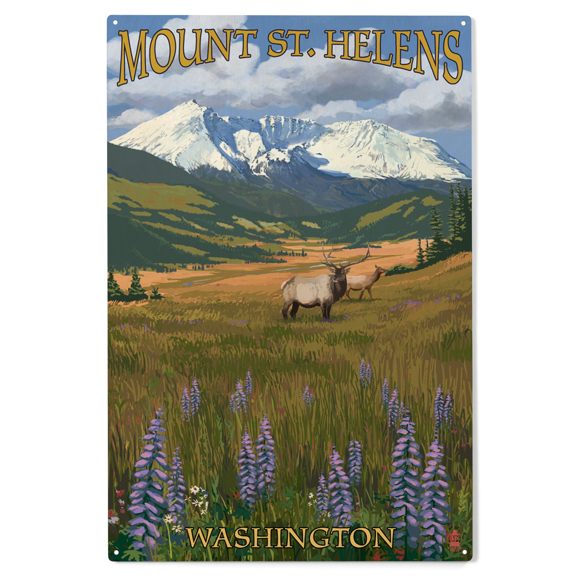 Mount St. Helens, Washington, Elk and Meadow Birch Wood Wall Sign ...