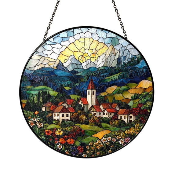 Mountain Alpine Village Stained Glass Suncatcher, Scenic Window Hanging ...