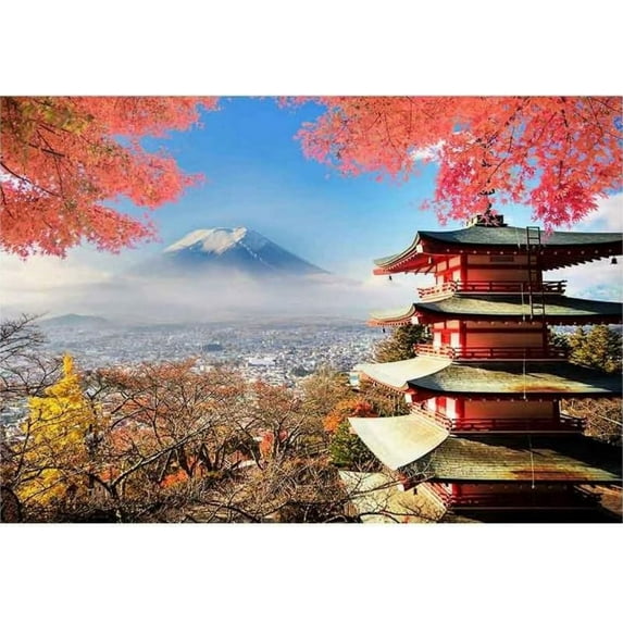 Mountain Autumn Backdrop Temple Red Maple Leaf Fall Photography Background Theme Party ration ...