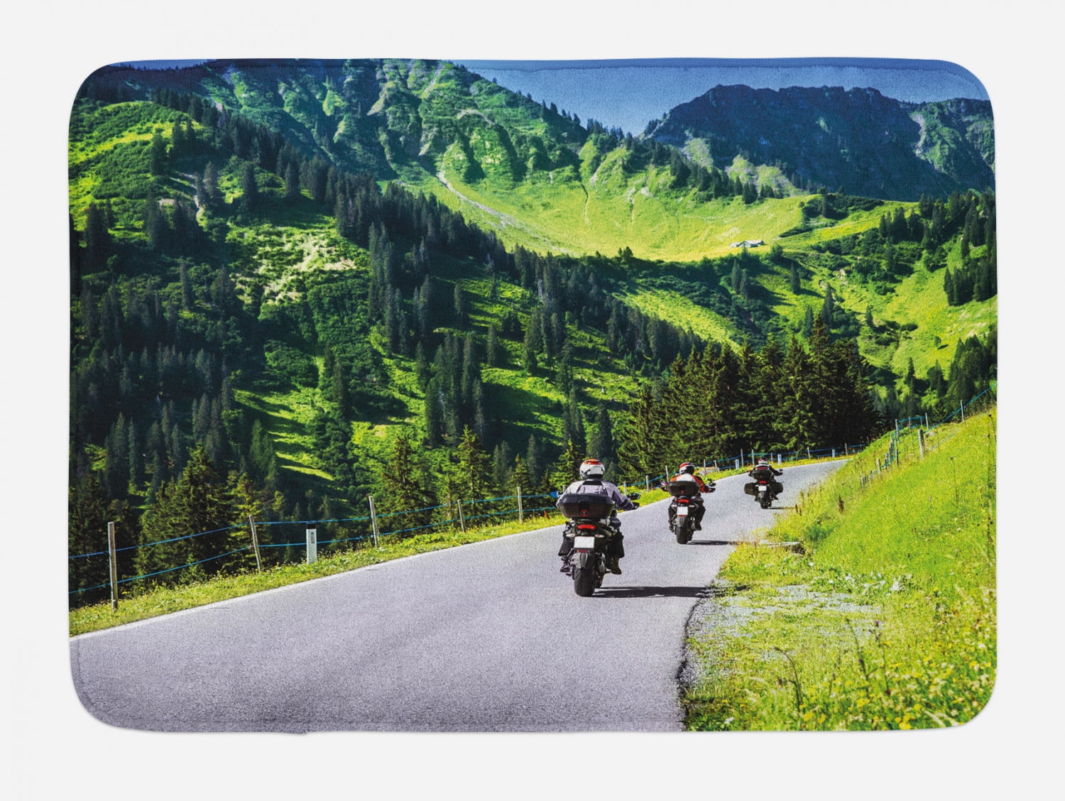 Mountain Bath Mat, Bikers Riding on Mountainous Highway in the Alpine ...