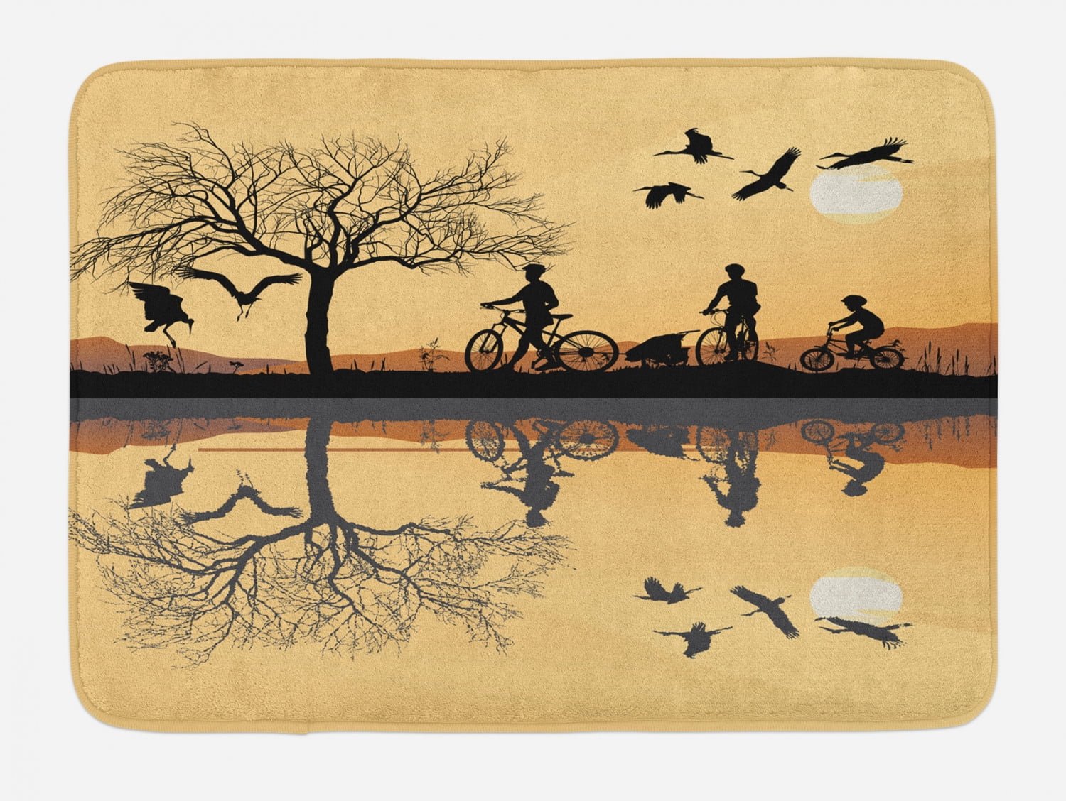 Mountain Bath Mat, Silhouette of Strokes and a Family with Bicycles ...
