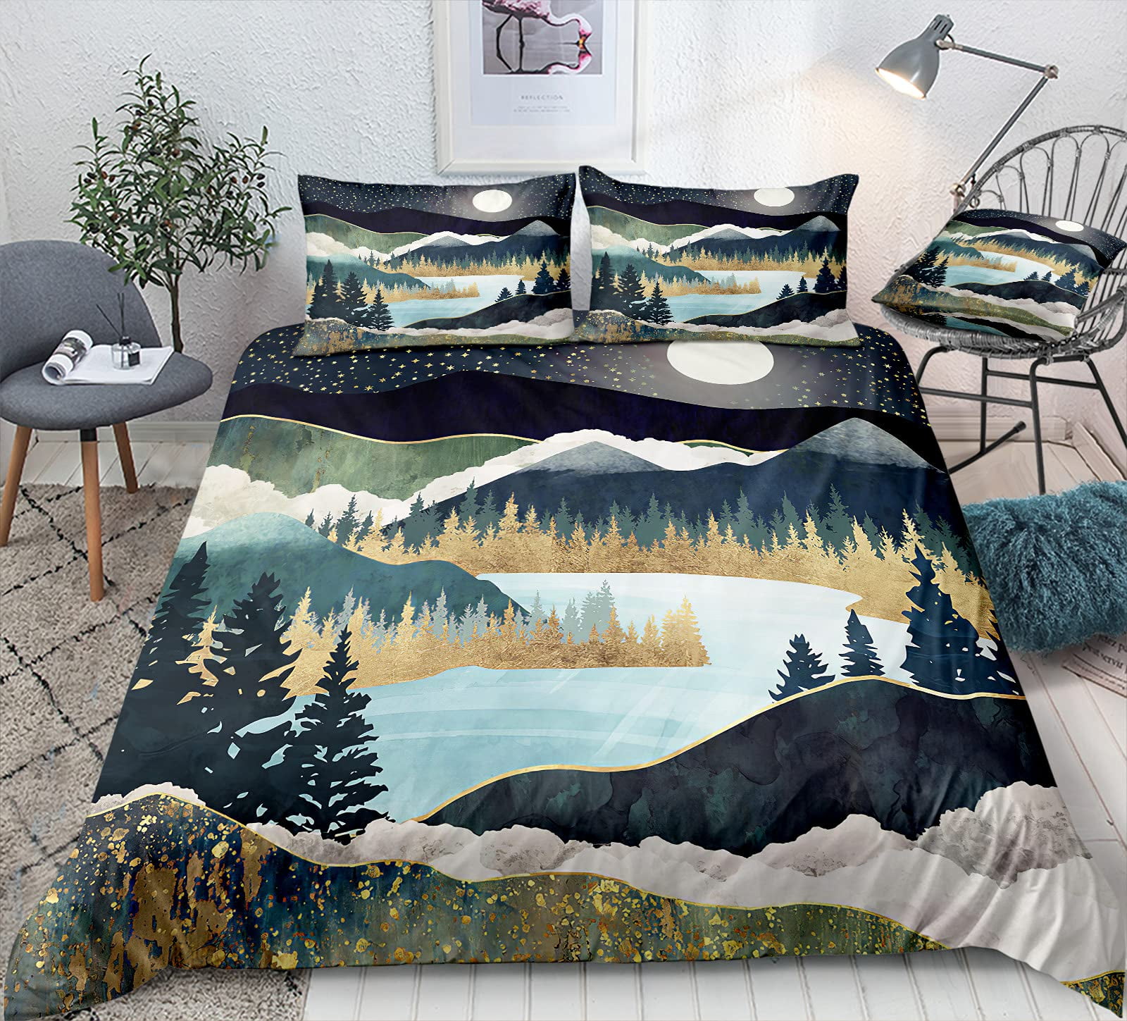 Mountain Bedding Set Forest Duvet Cover /King Size Nature Scene Grey ...