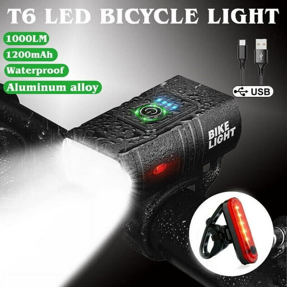 Mountain Bike Lights USB Rechargeable Bicycle T6 LED Torch Front Rear ...