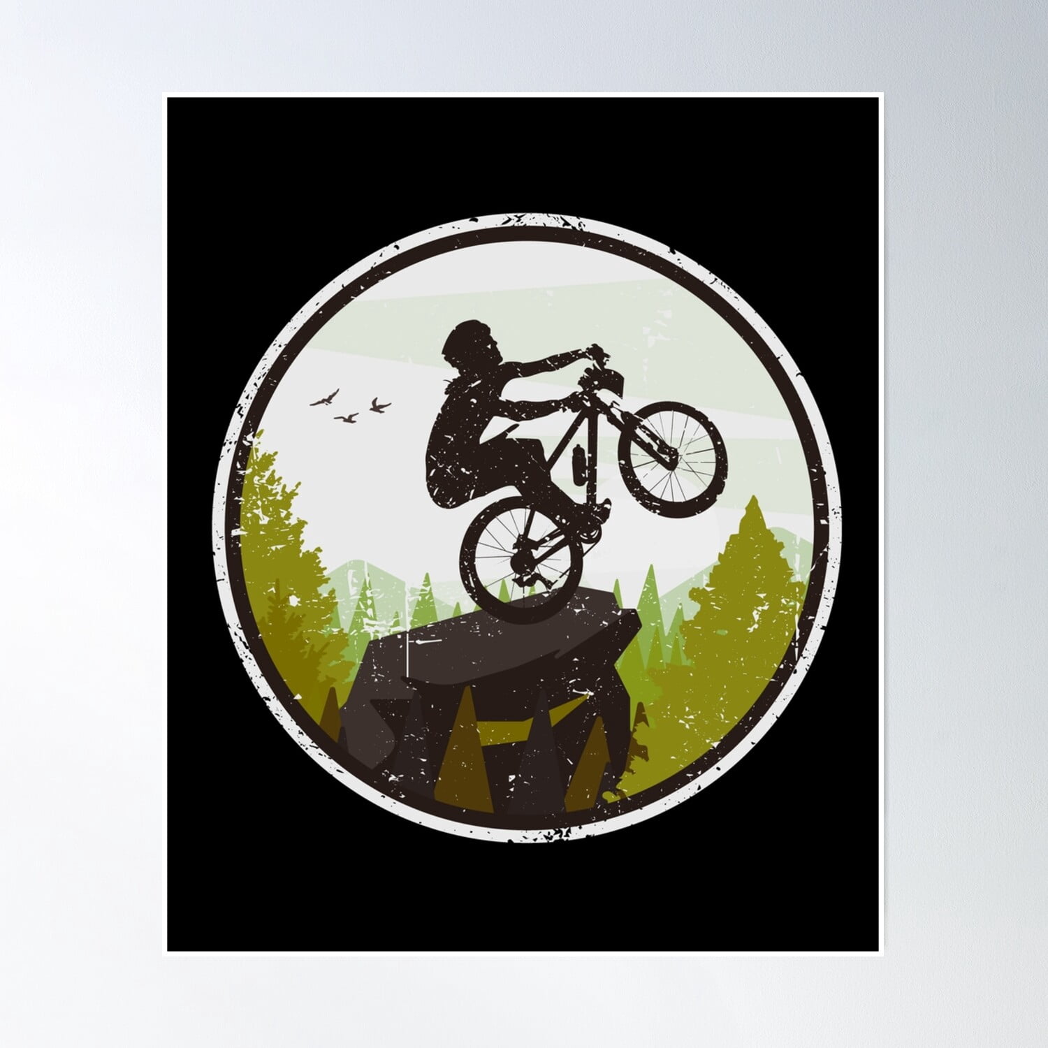 Mountain Biker Wheelie On Mountain Rock Poster Wall Art, Modern Wall ...