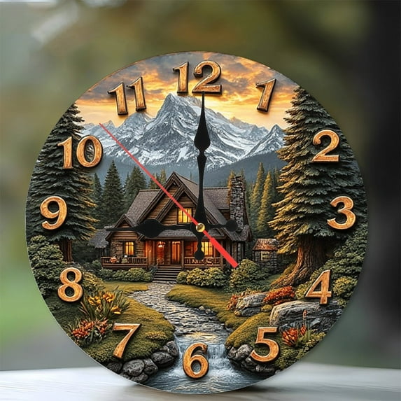 Mountain Cabin Clock Wall Decor Home Decor 10-Inch Silent Wooden Wall ...