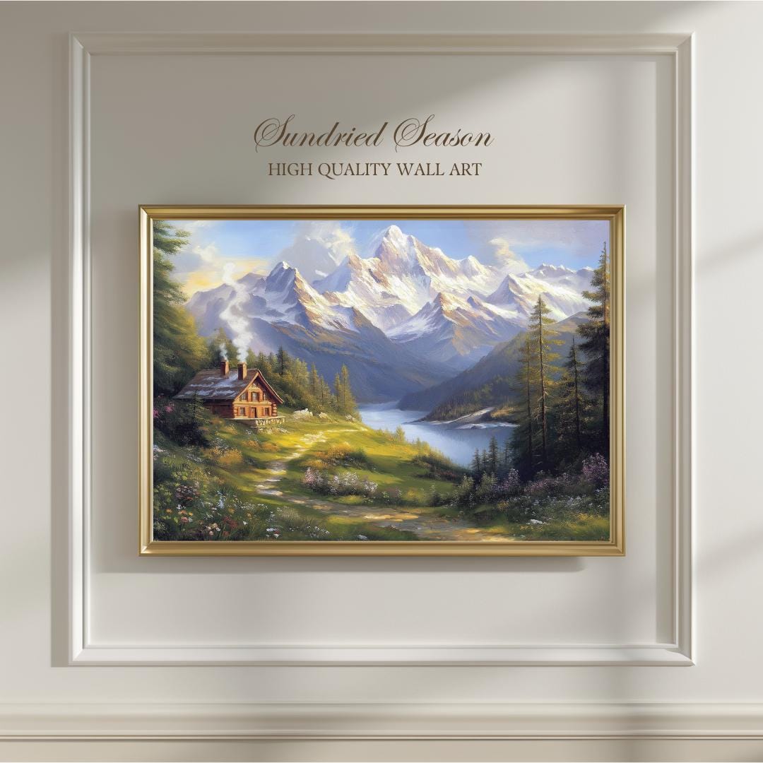 Mountain Cabin Landscape Print, Swiss Alps, Cozy Lake And Snowy Peaks ...