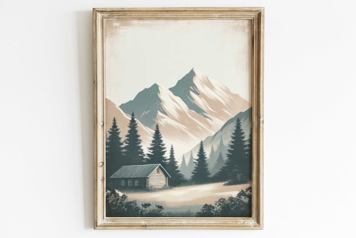 Mountain Cabin Print, Cabin Decor, Mountain Wall Decor, Forest Cabin ...