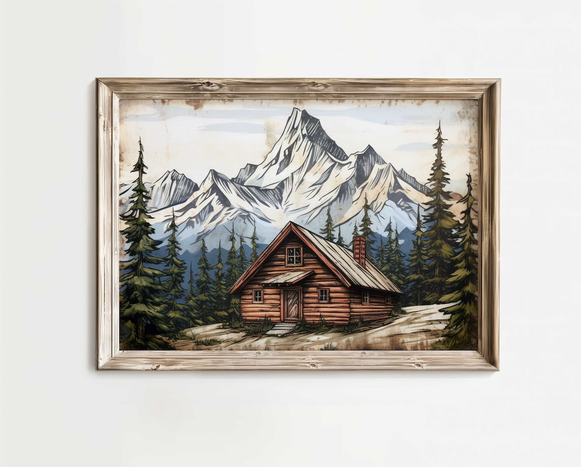 Mountain Cabin Print, Forest And Mountain Landscape Wall Art, Cottage ...