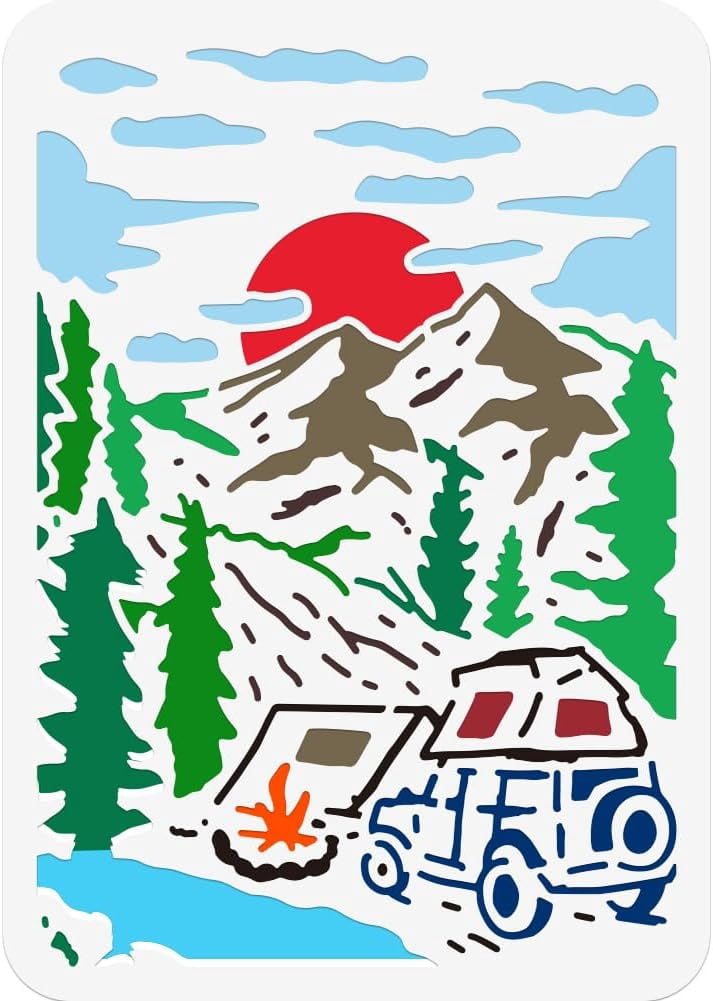 Mountain and Car Painting Stencil 11.69x8.27 Inch Reusable Craft ...