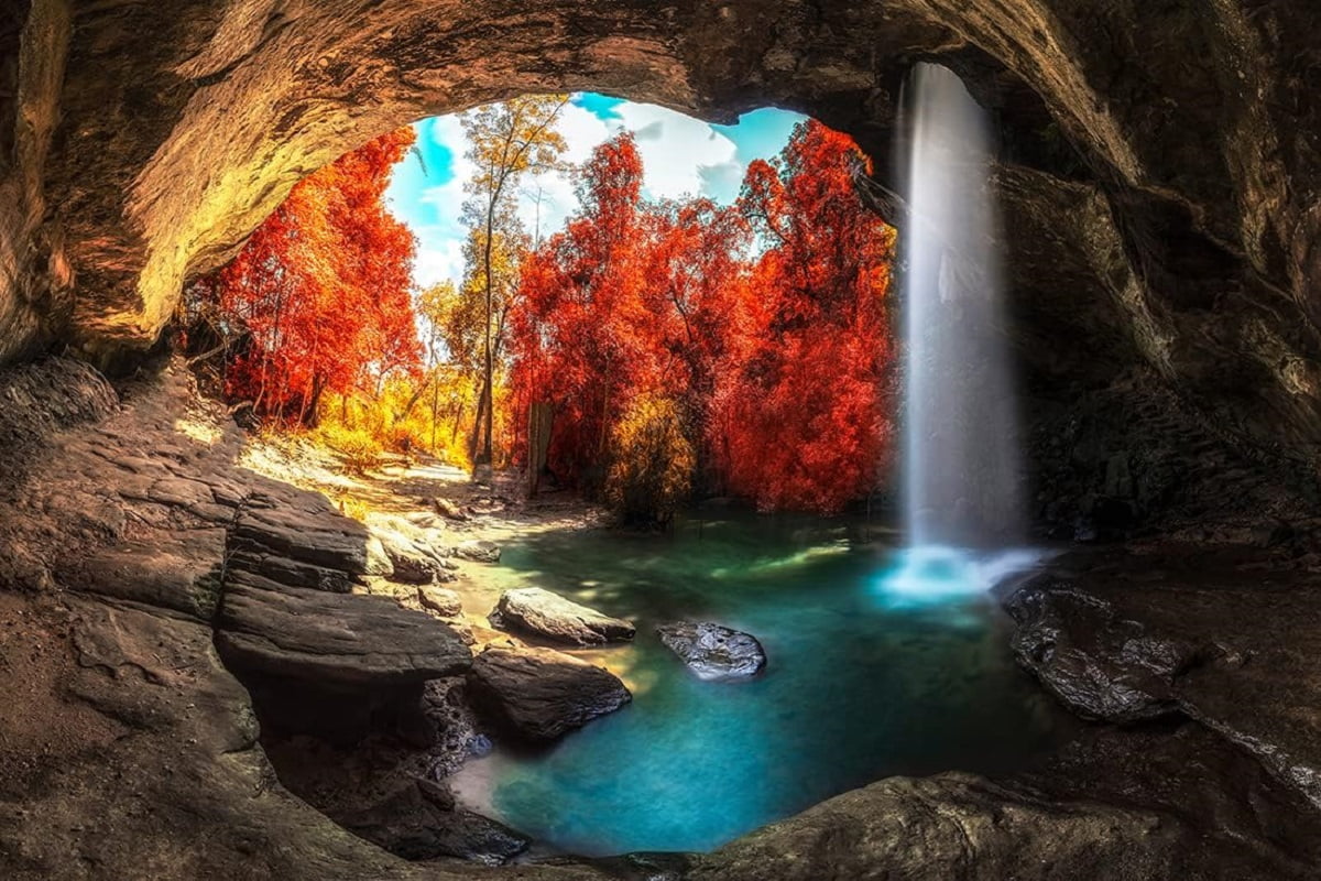 Mountain Cave Waterfall Photography Backdrop Cascade Red Trees Green ...