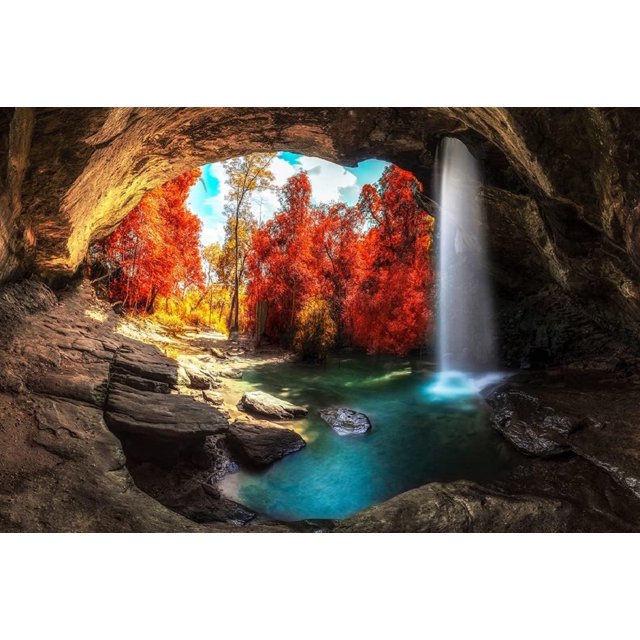 Mountain Cave Waterfall Photography Backdrop Cascade Red Trees Green ...