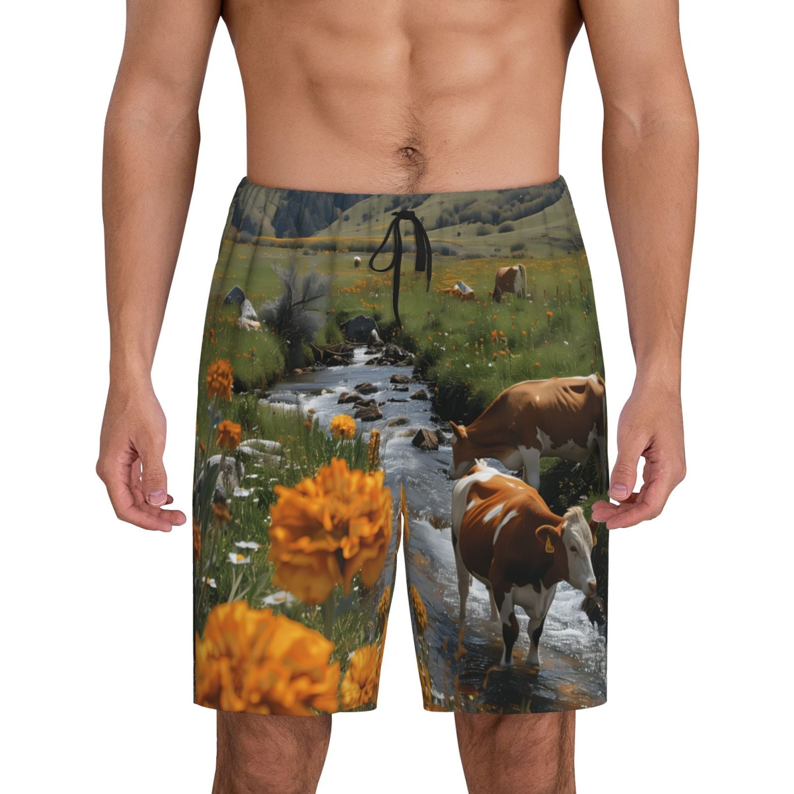 Mountain Cows Flower Stream Mens Pajama Shorts, Men's Soft Lounge Sleep shorts, Pajama Bottoms ...