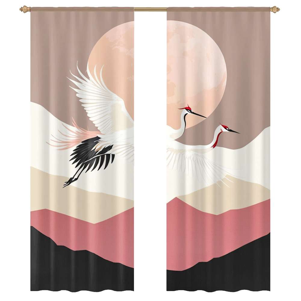 Mountain Crane Sunset Art Sheer Voile Curtain Window Tulle Curtains For ...