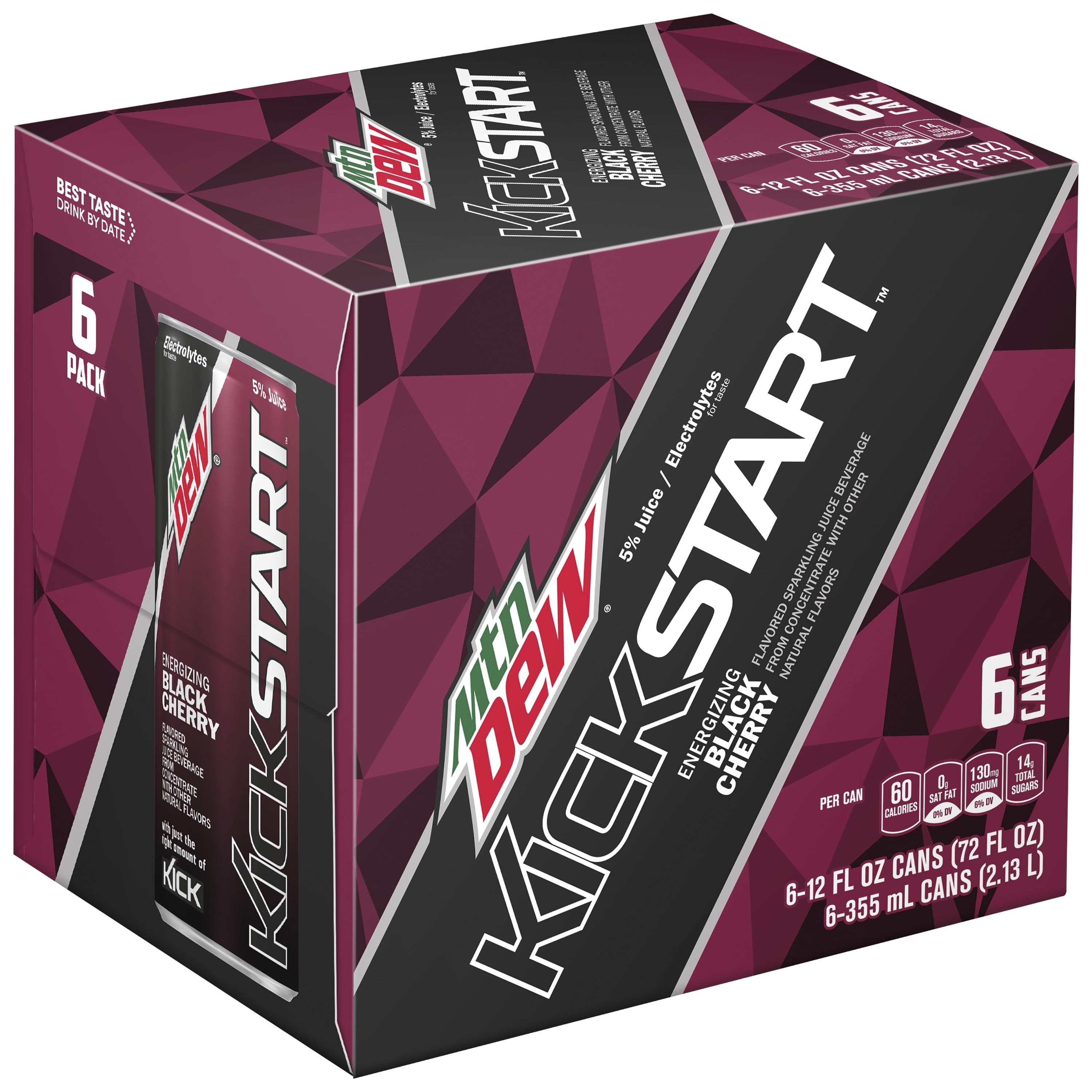 Mountain Dew Kickstart Black Cherry Energizing Juice Drink, 12 fl oz, 6 ...