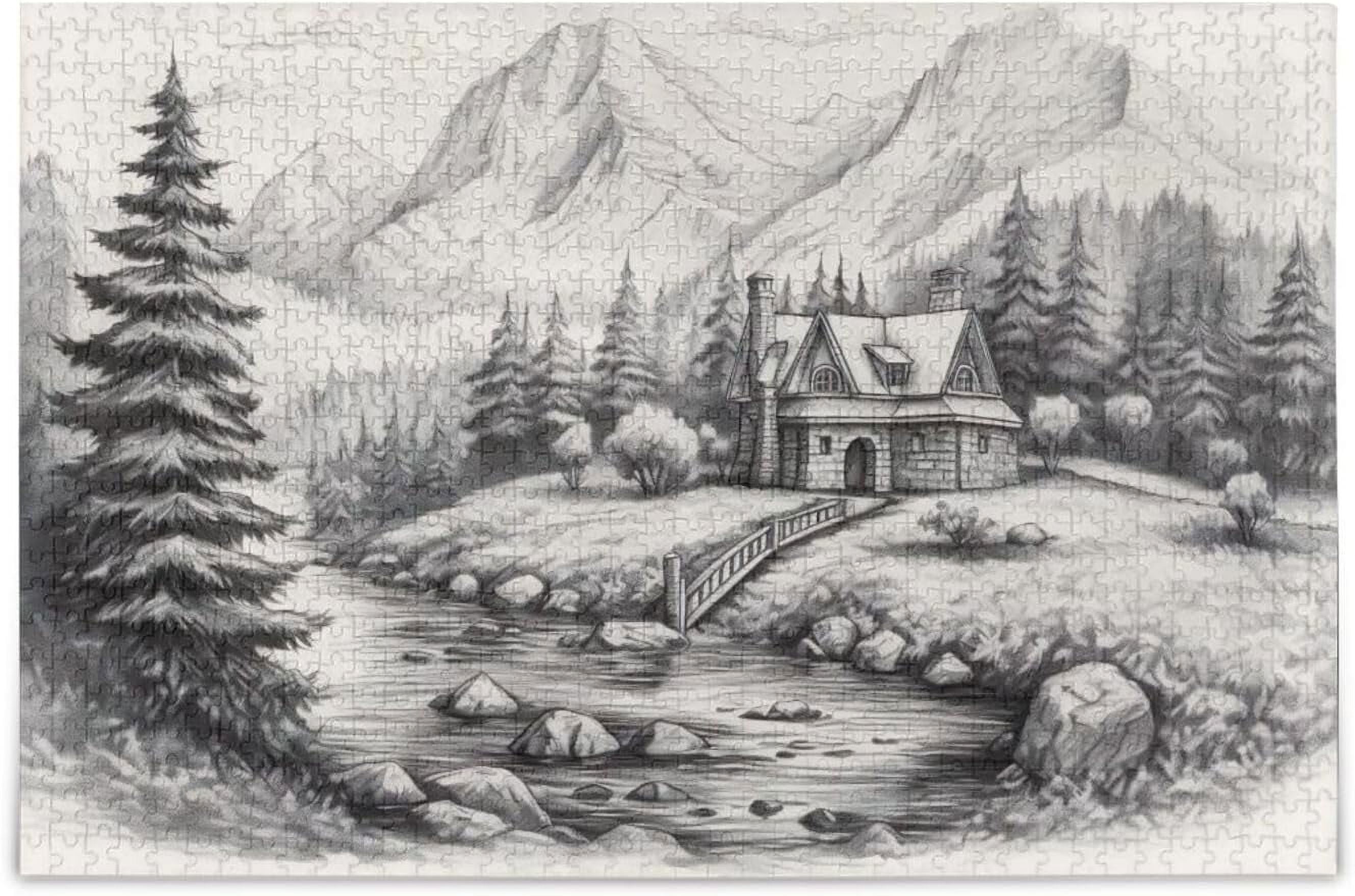 Mountain Drawing Puzzle 1000 Pieces - Wooden Jigsaw Puzzles for Family ...