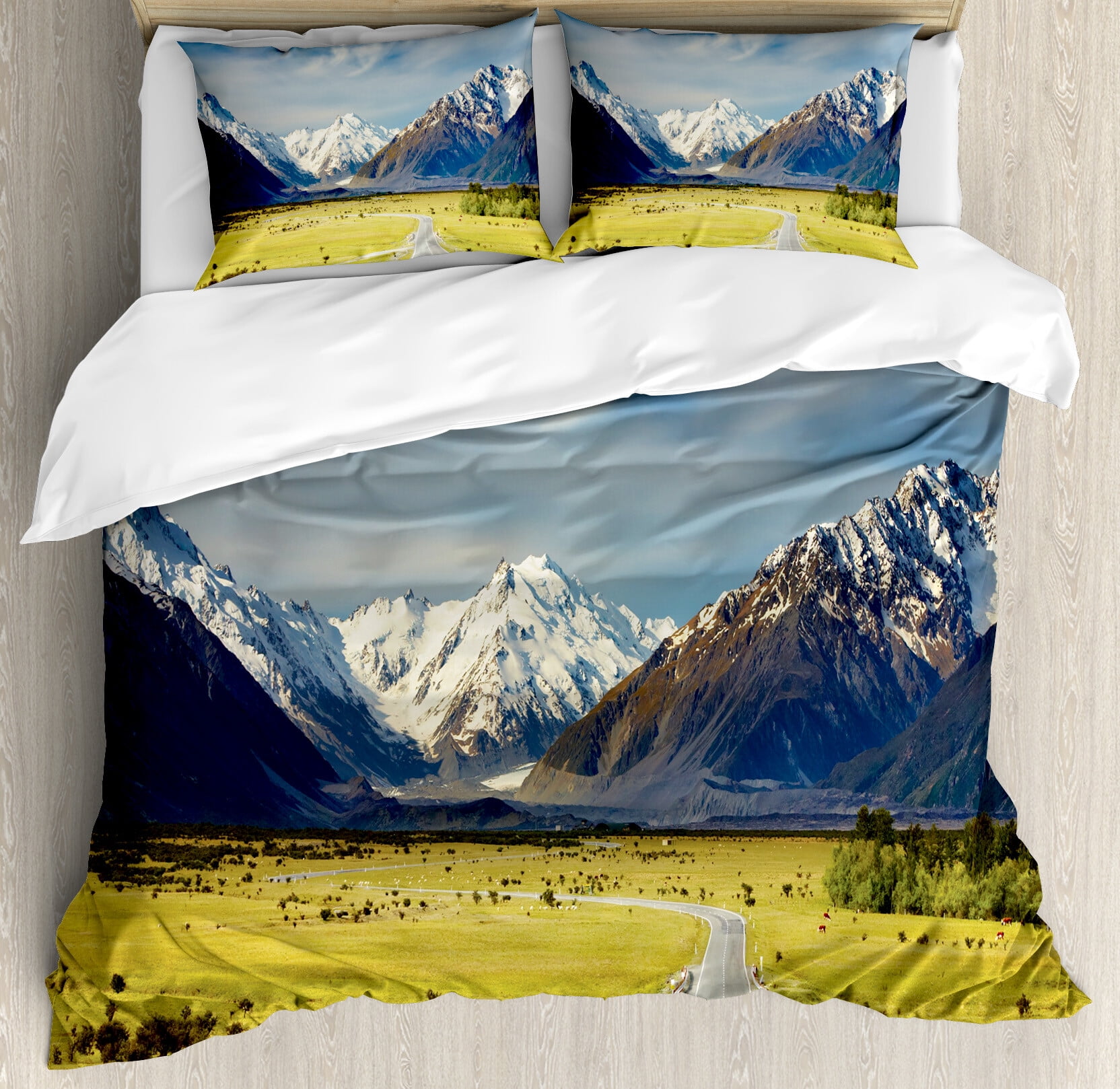 Mountain Duvet Cover Set, Landscape with Road and Snow Capped Mountains ...