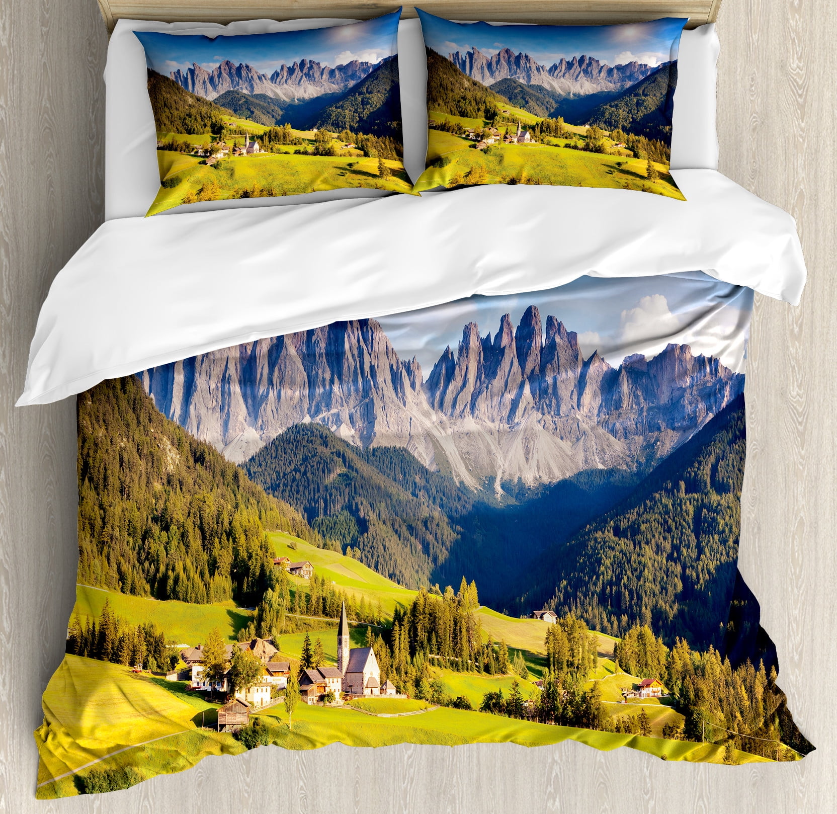 Mountain Duvet Cover Sets, Village View with Mountain Peaks and a ...