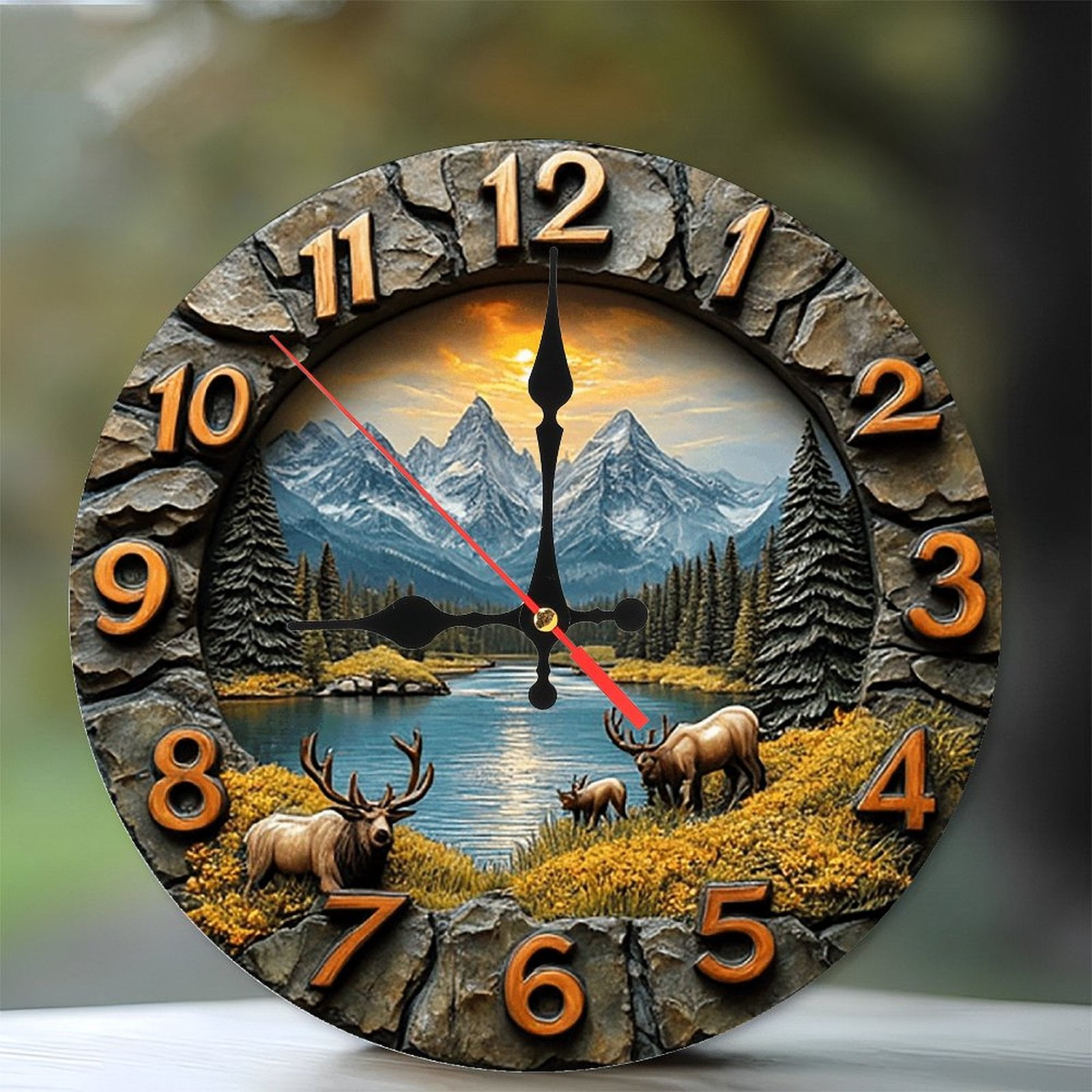 Mountain Elk Sunset Wall Clock 10-Inch Silent Wooden Wall Clock ...