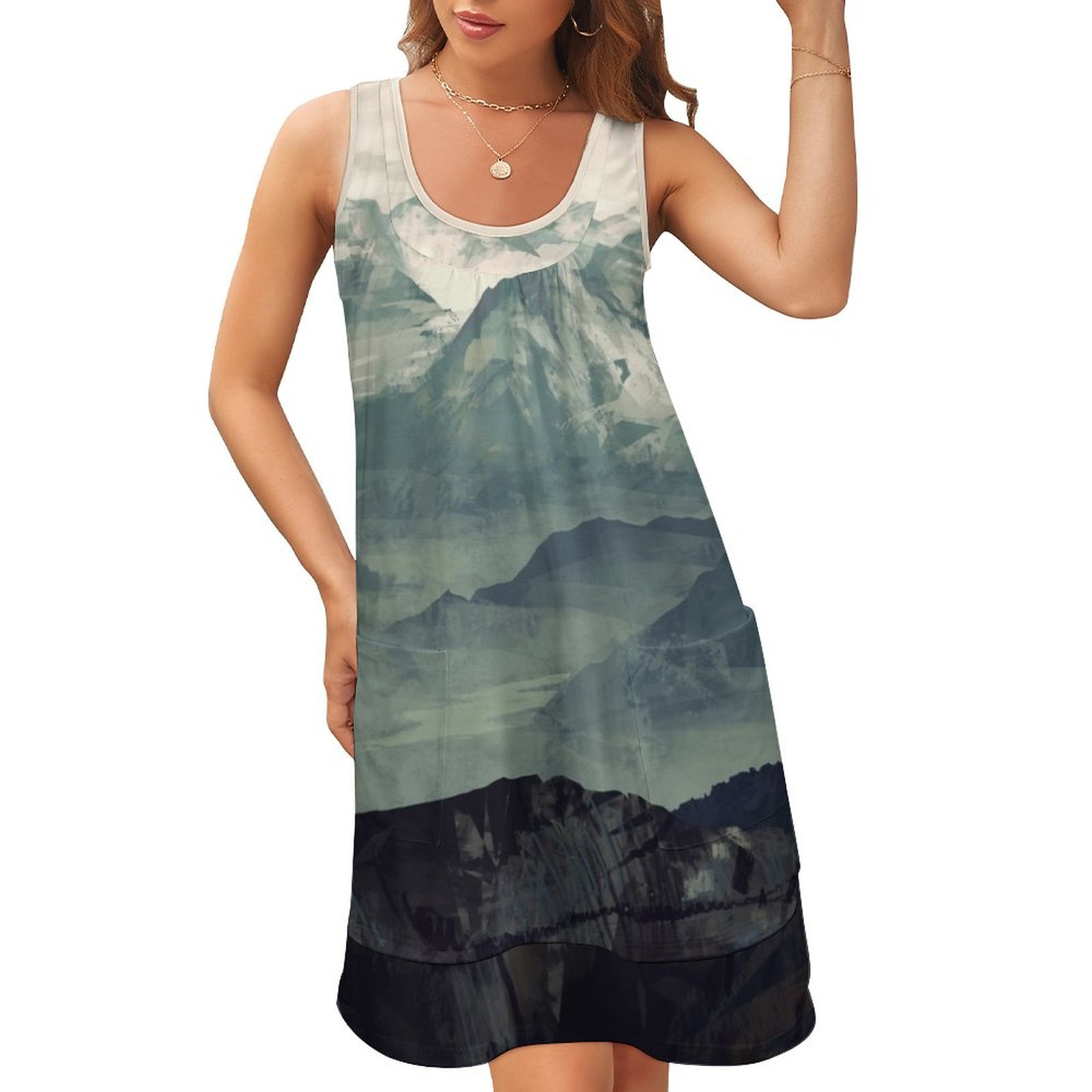 Mountain Fog Sleeveless U-Neck Fake Two Piece Dress prom dress evening ...