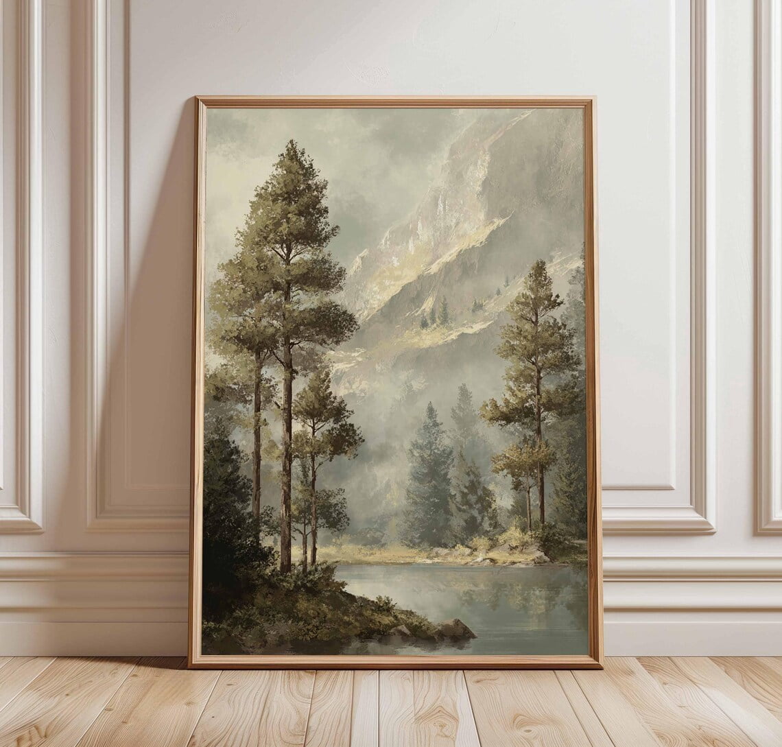 Mountain Forest Landscape Misty Pine Trees Lake Tranquil Nature Art ...