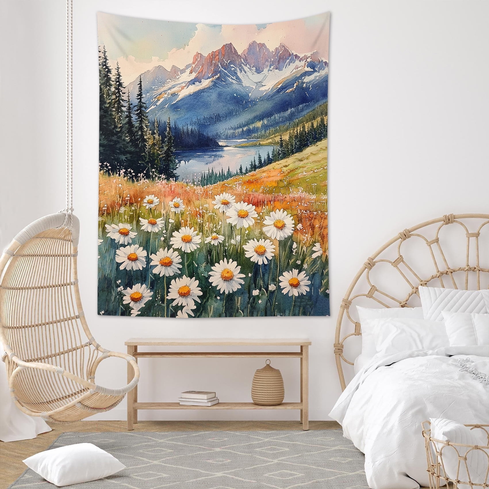 Mountain Forest Landscape Tapestry Wall Hanging Daisy with Green Plant ...