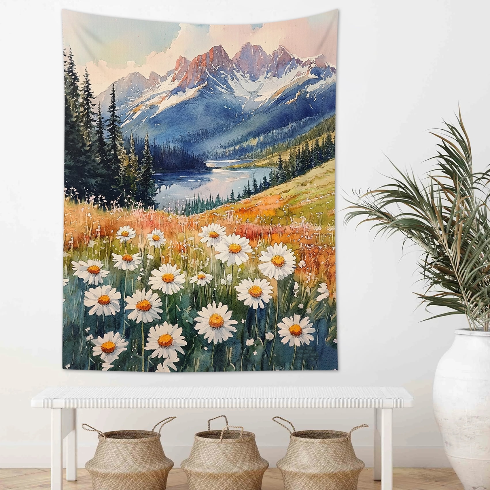 Mountain Forest Landscape Tapestry Wall Hanging Daisy with Green Plant ...