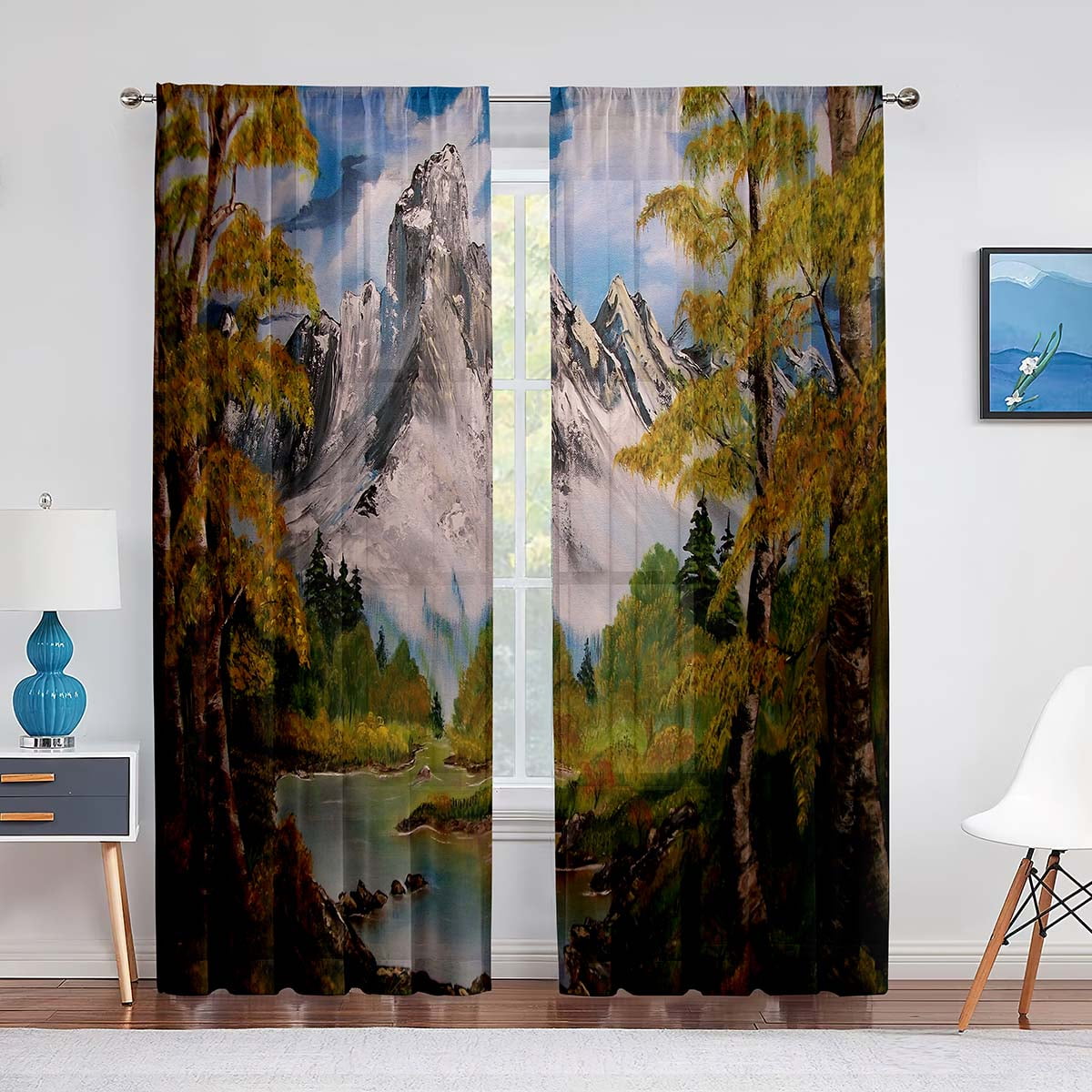 Mountain Forest River Painting Art Tulle Curtains for Living Room ...