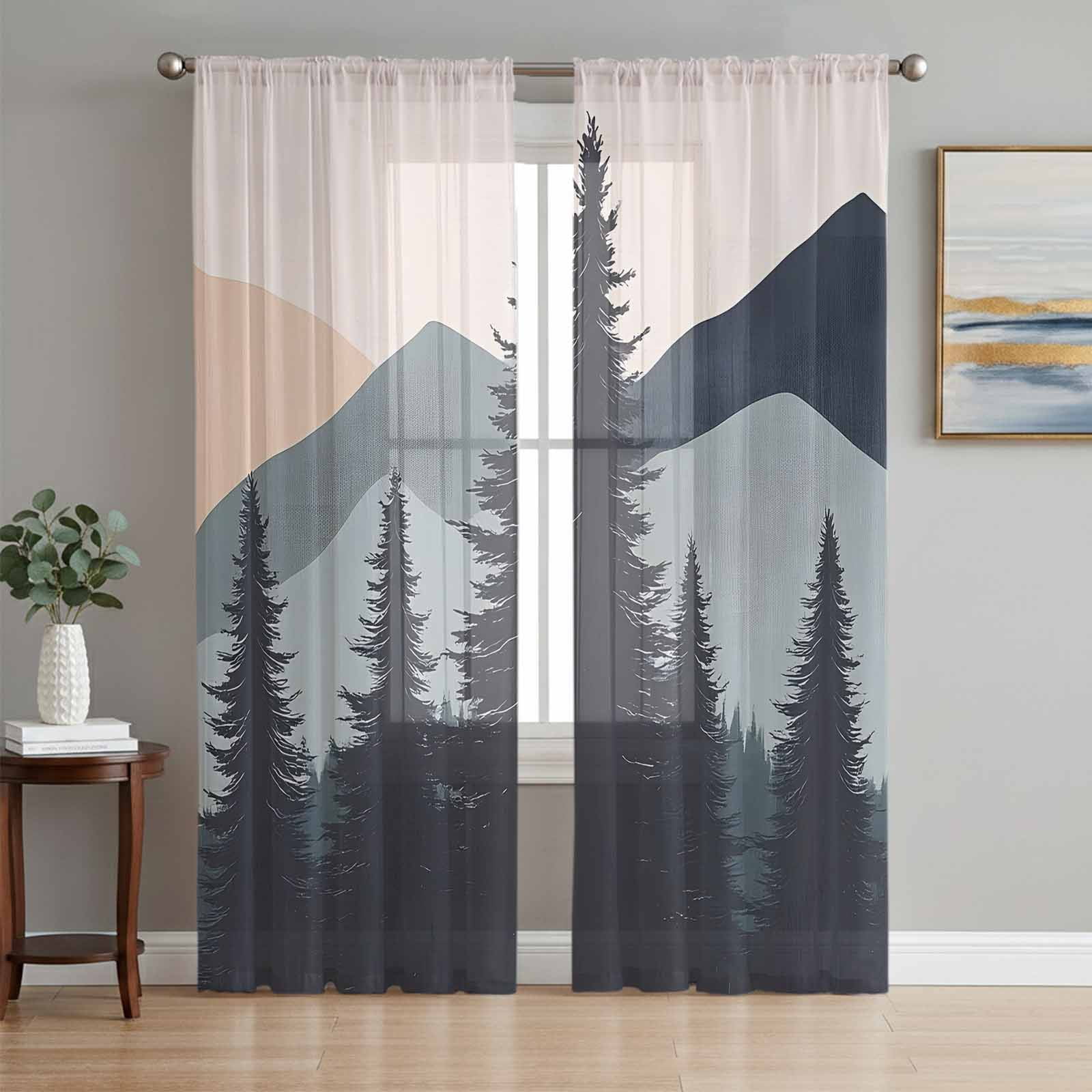 Mountain Forest Sheer Curtains 96 Inch Length 2 Panels Set, Nature Tree ...