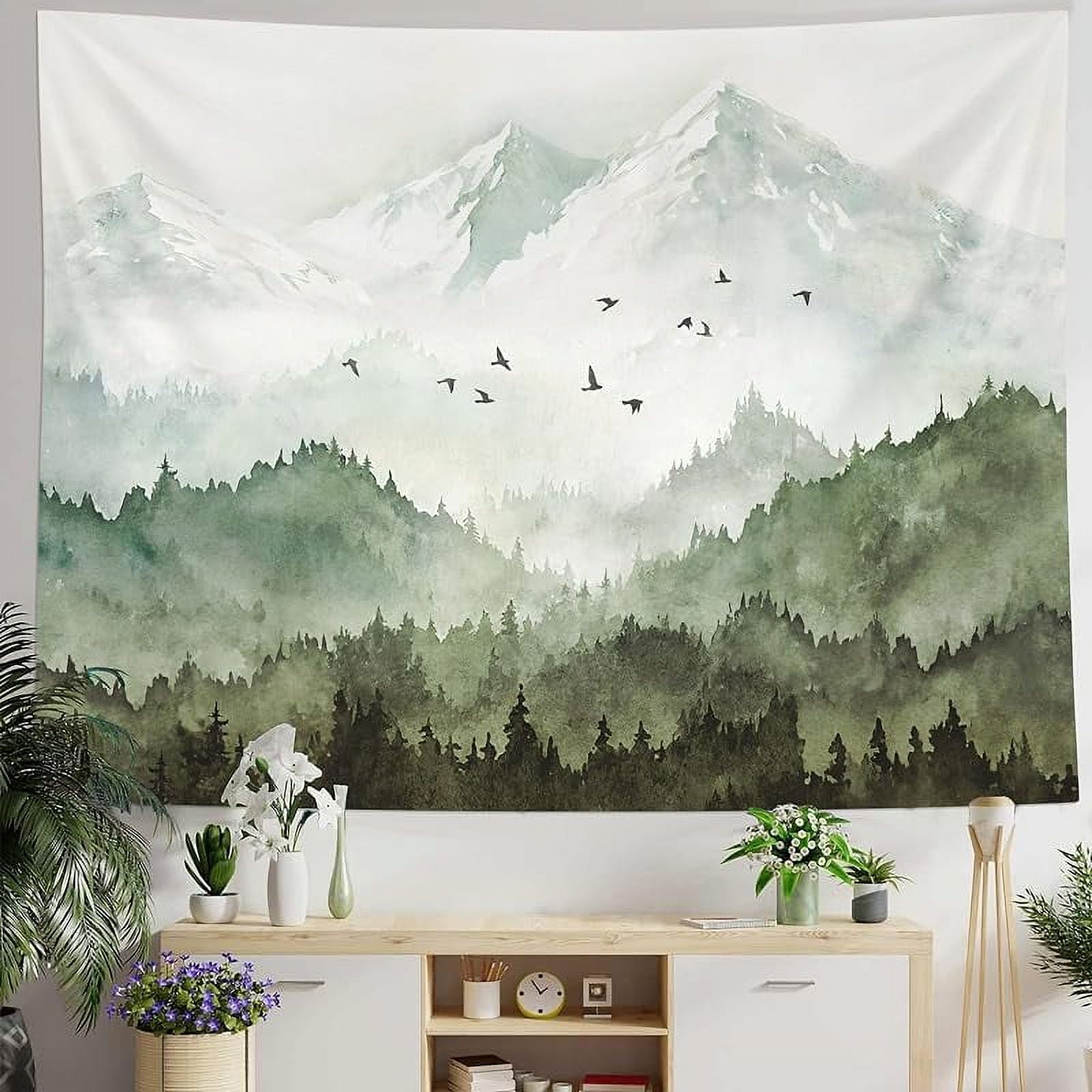 Mountain Forest Tapestry, Misty Foggy Sage Green Tree Landscape ...