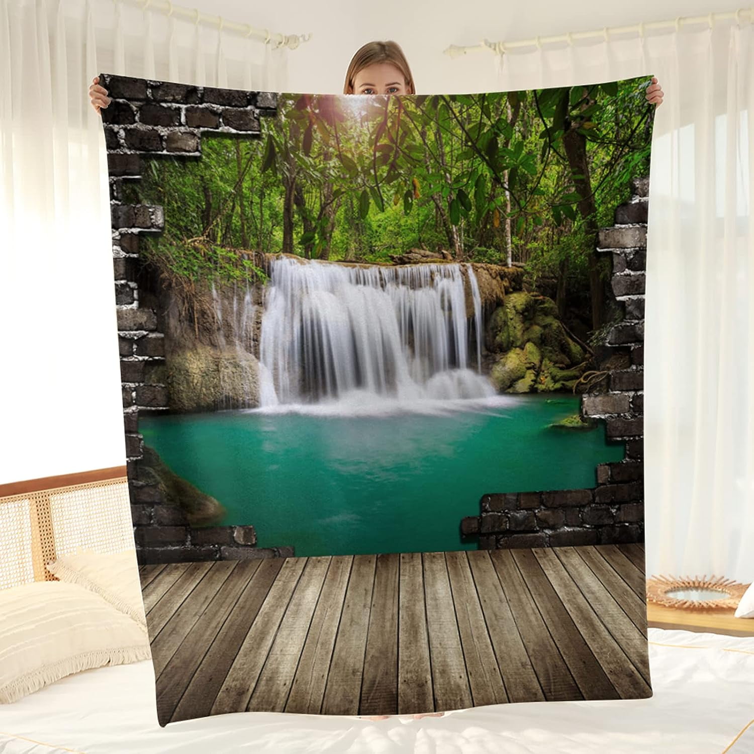 Mountain Forest Trees Waterfall Blanket for Dad Rustic Wooden Window ...