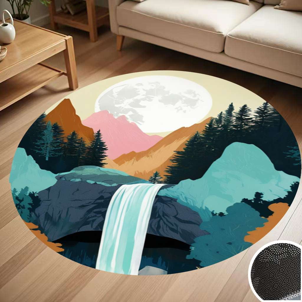 Mountain Forest Waterfall Scenery Round Carpet Living Room Bedroom Home ...