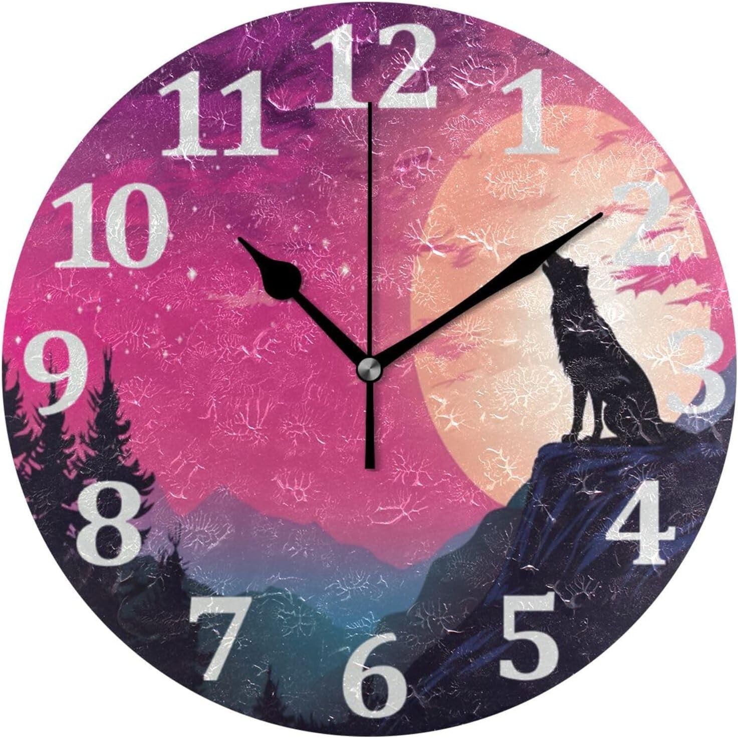 Mountain Full Moon Wolf Wall Clock Round Vintage Silent Non Ticking ...