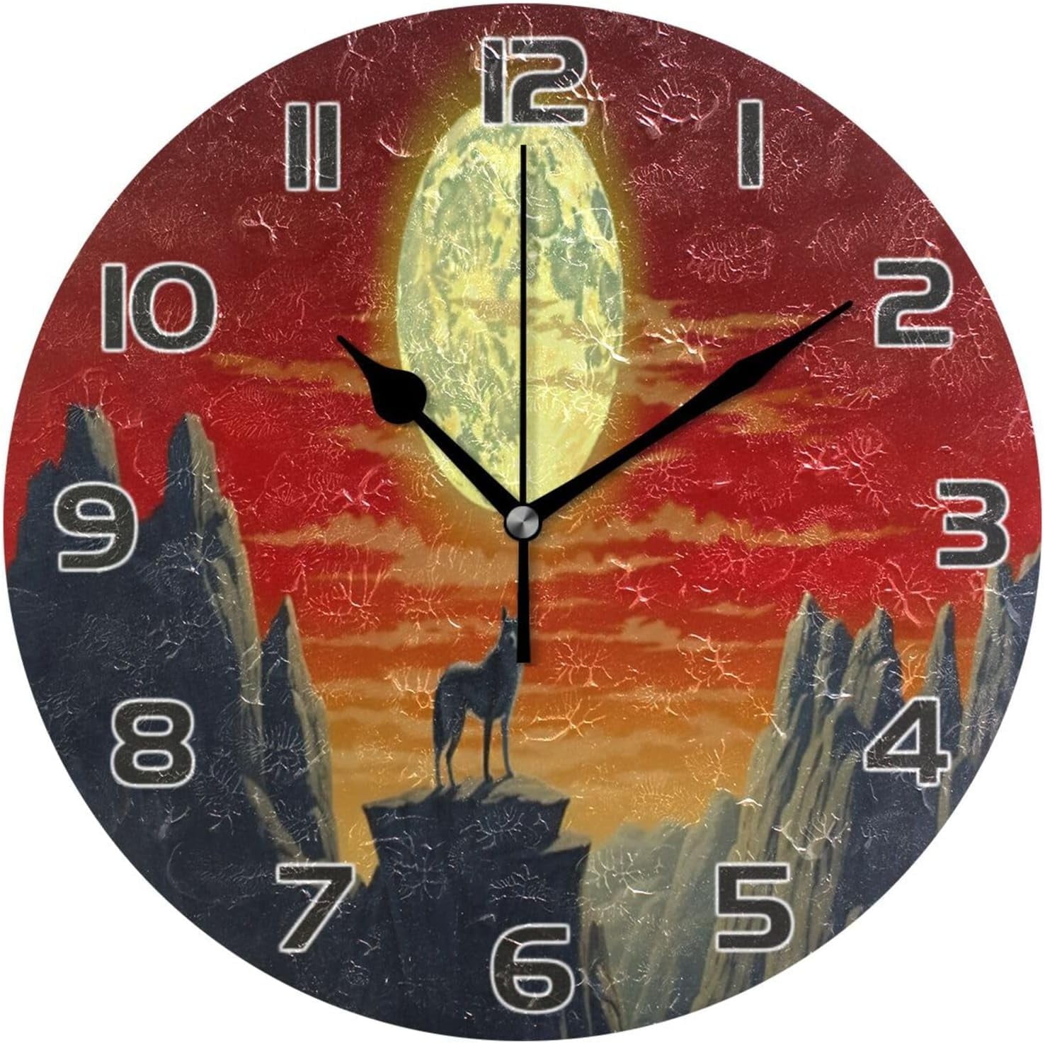 Mountain Full Moon Wolf Wall Clock Round Vintage Silent Non Ticking ...
