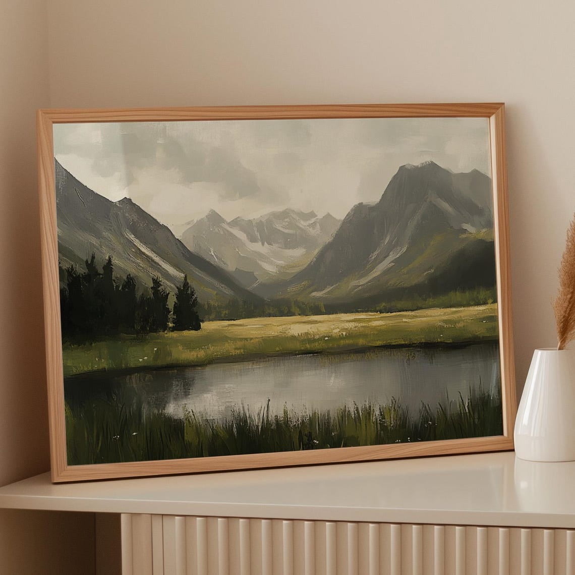 Mountain Lake Landscape Painting - Tranquil Nature Wall Art, Rustic ...