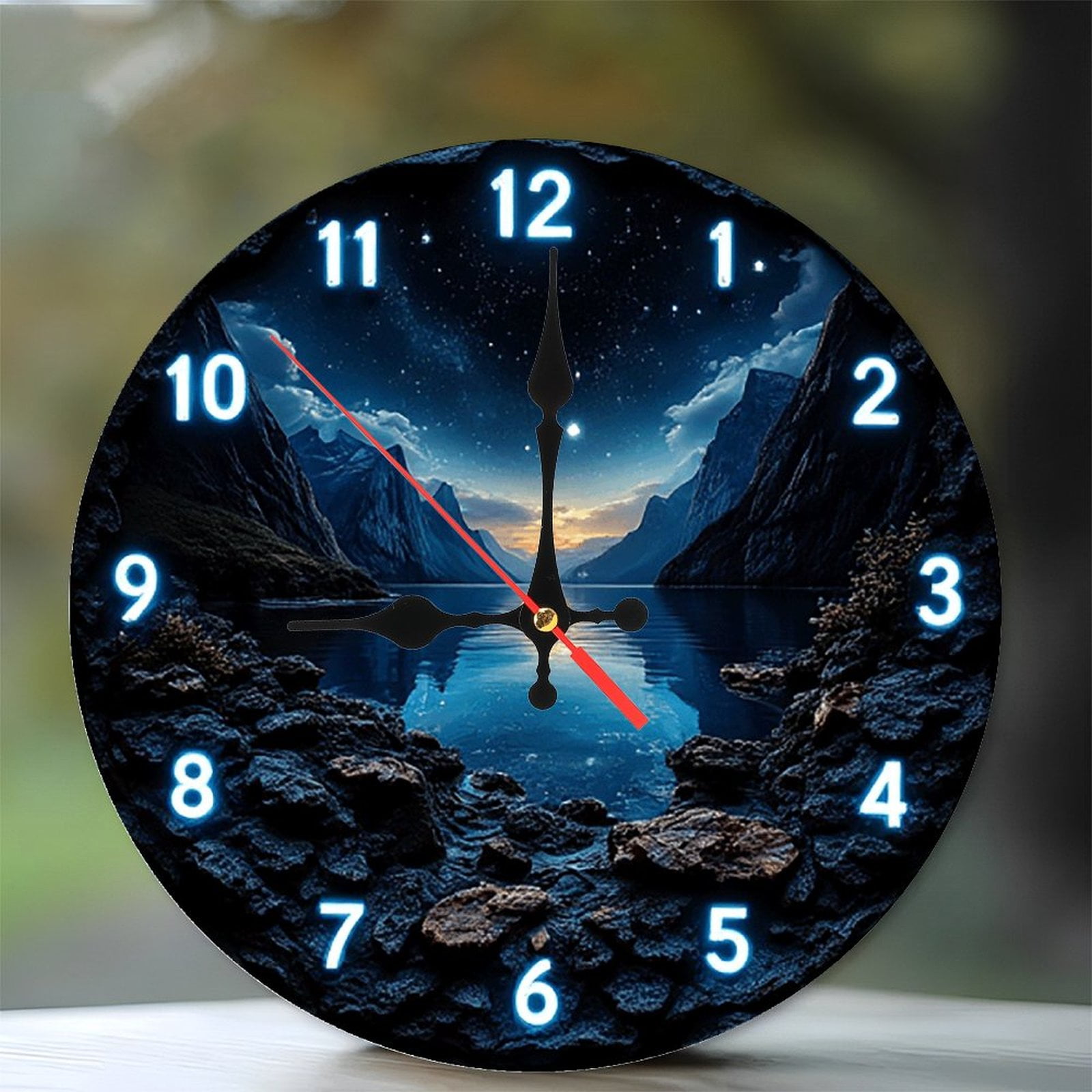 Mountain Lake Night Sky Wall Clock 10-Inch Silent Wooden Wall Clock ...