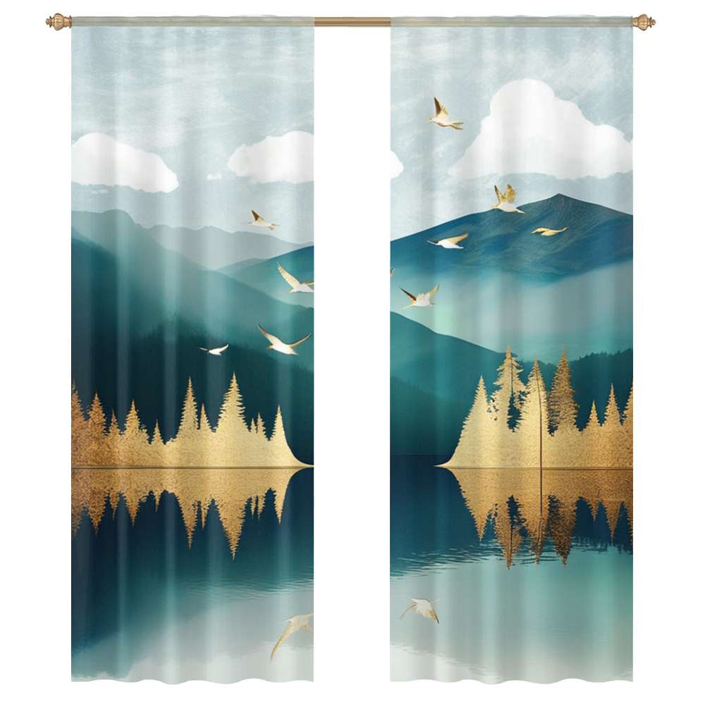 Mountain Lake Reflection Art Modern Tulle Window Curtains for Living ...