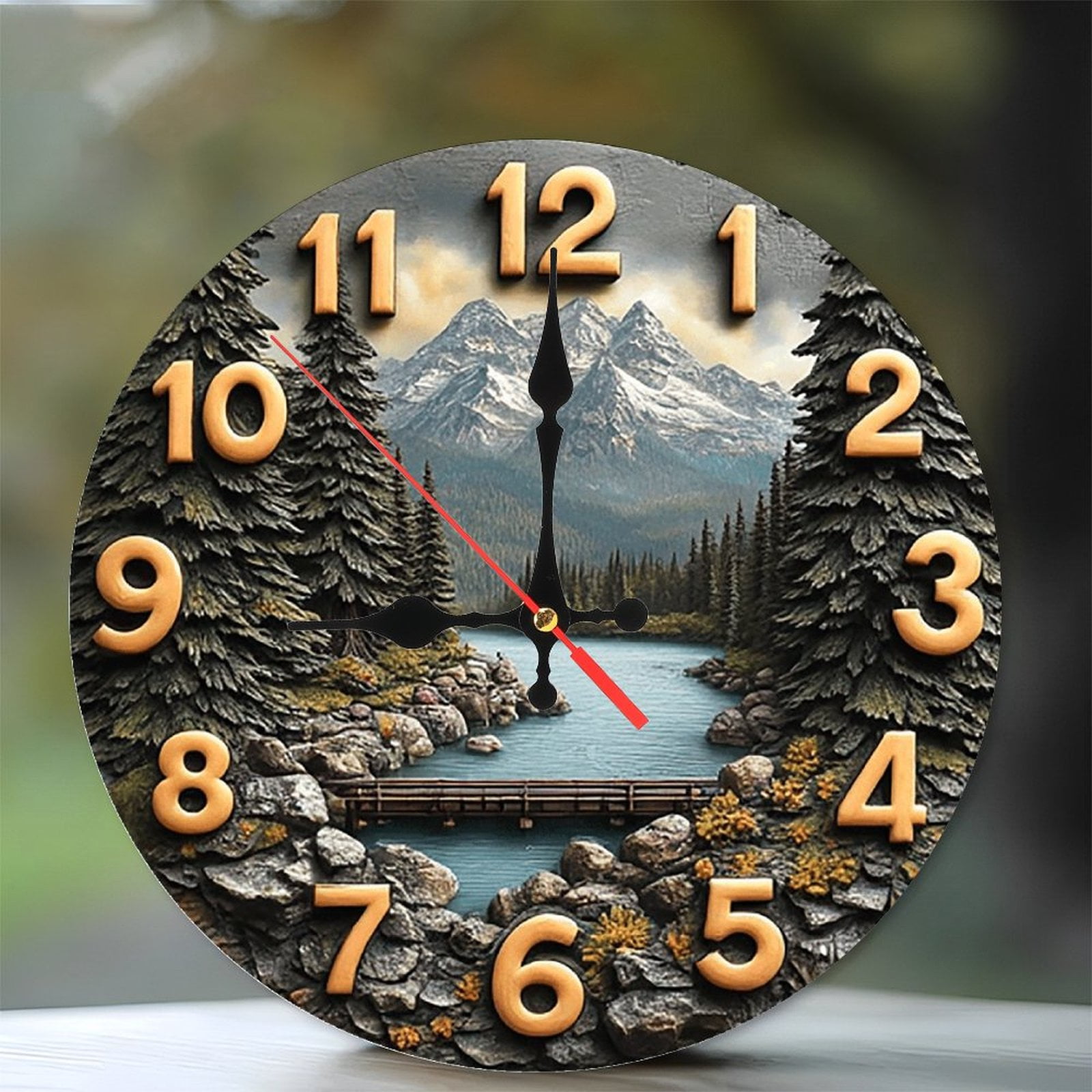 Mountain Lake River Scene Wall Clock 10-Inch Silent Wooden Wall Clock ...