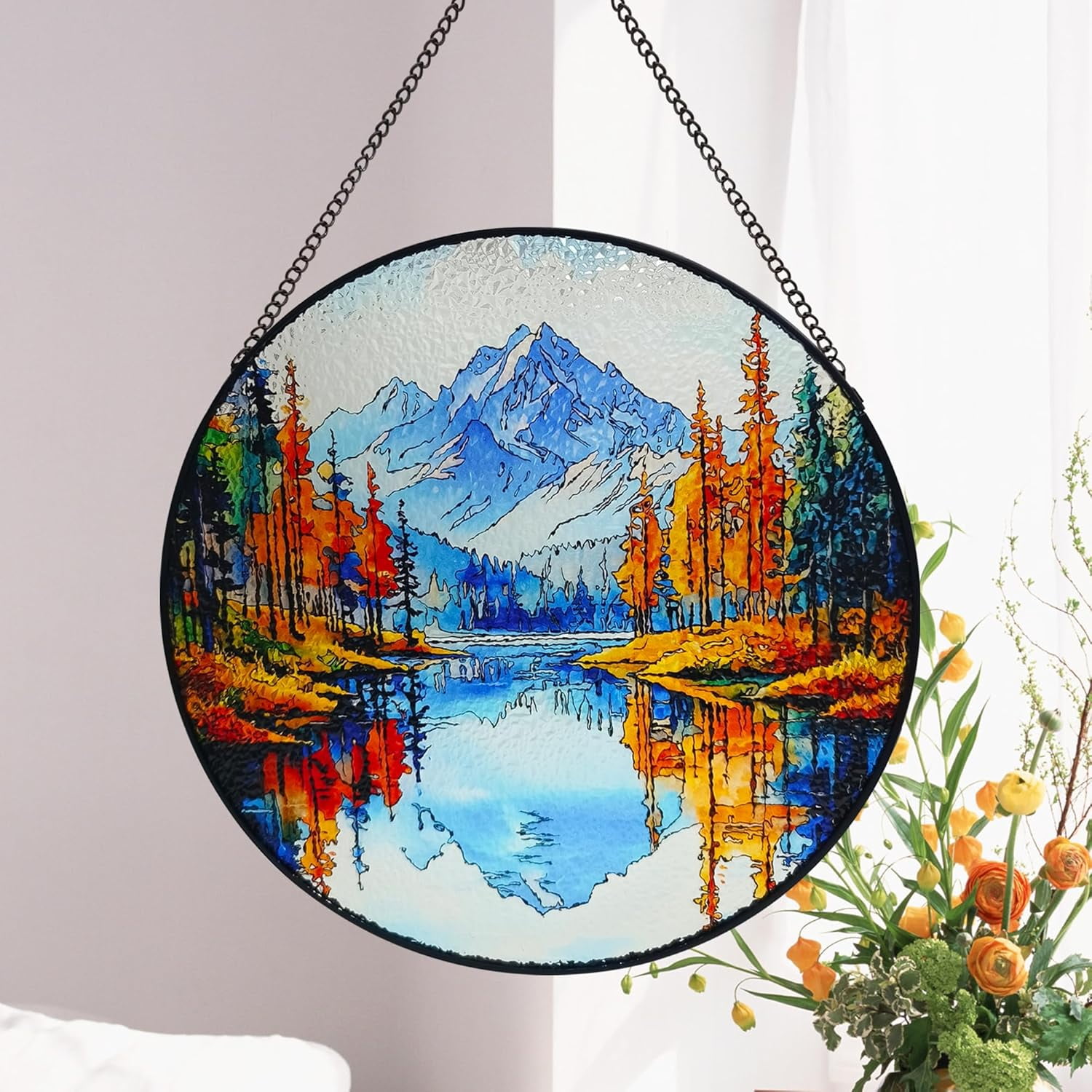 Mountain Lake Sun Catcher Hanging Stained Glass Window Decor, Winter ...