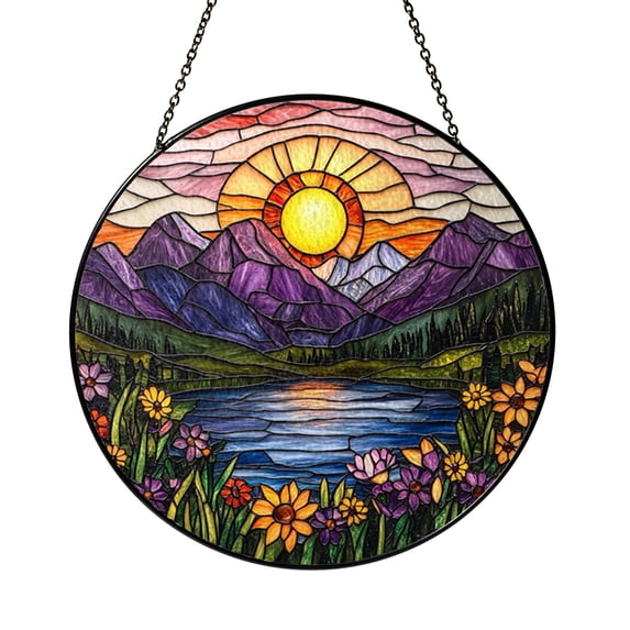 Mountain Lake Sunset Glass Style Window Hanging - Walmart.com