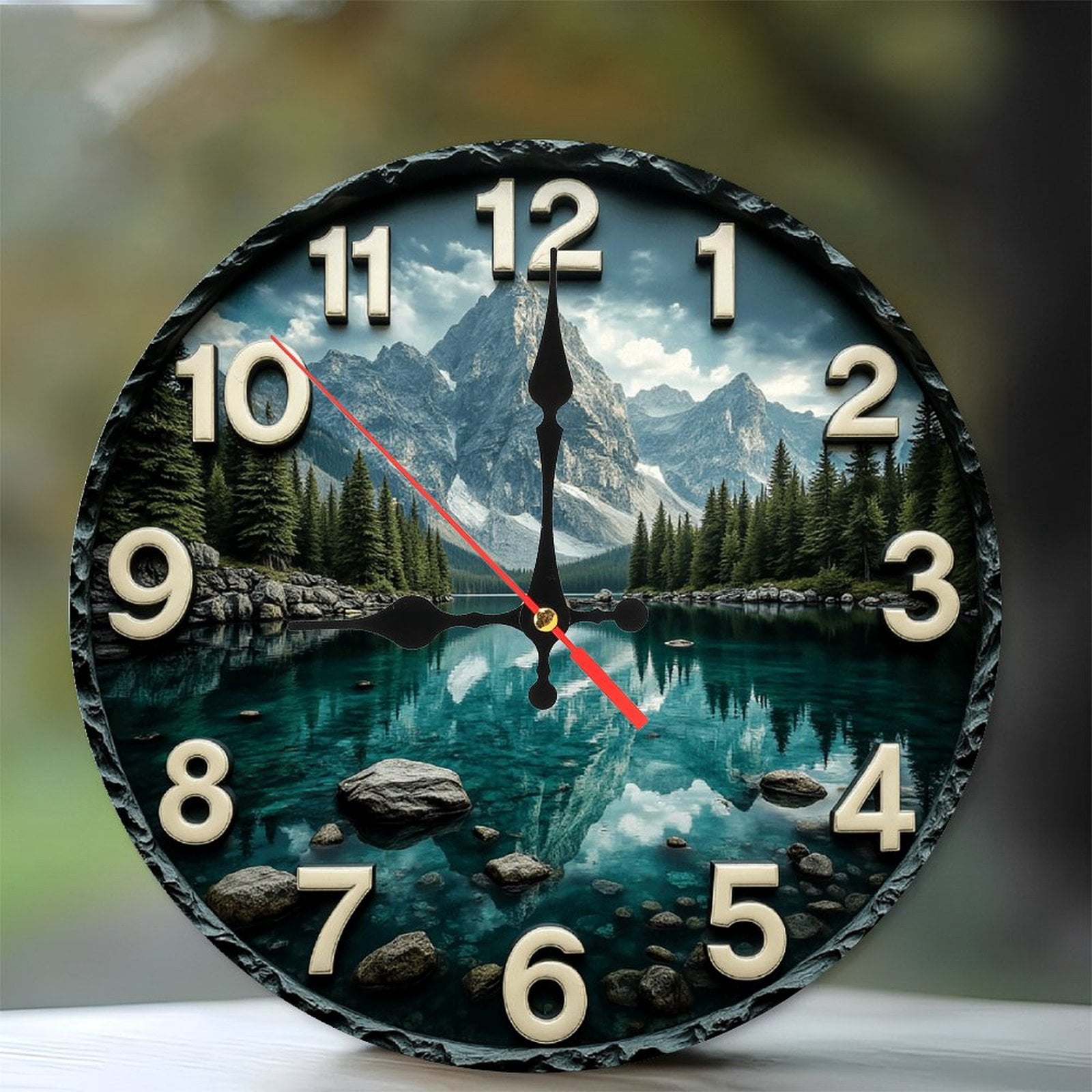 Mountain Lake Wall Clock Scenic Nature Decor 10-Inch Silent Wooden Wall ...