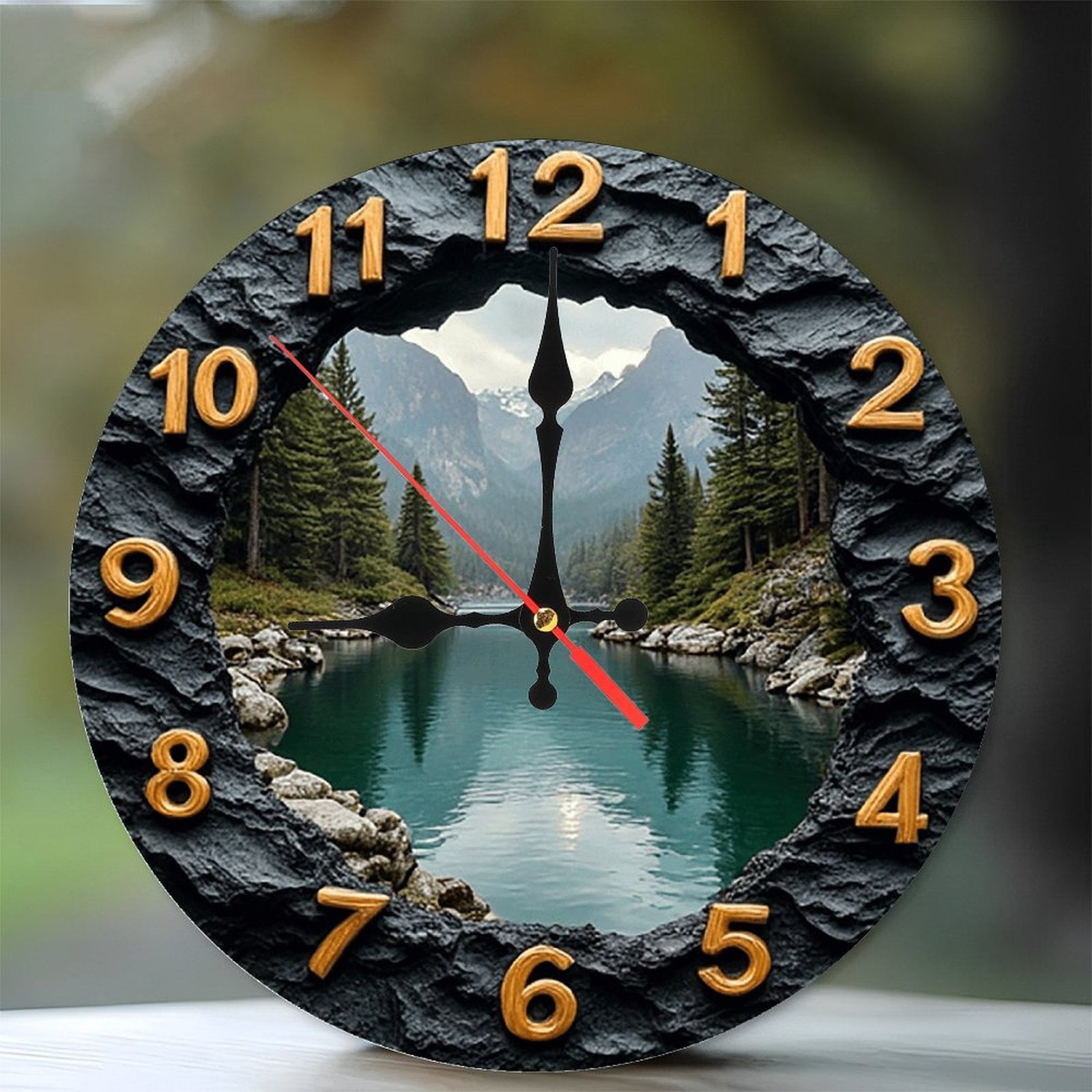 Mountain Lake Wall Clock Scenic View Decor 10-Inch Silent Wooden Wall ...