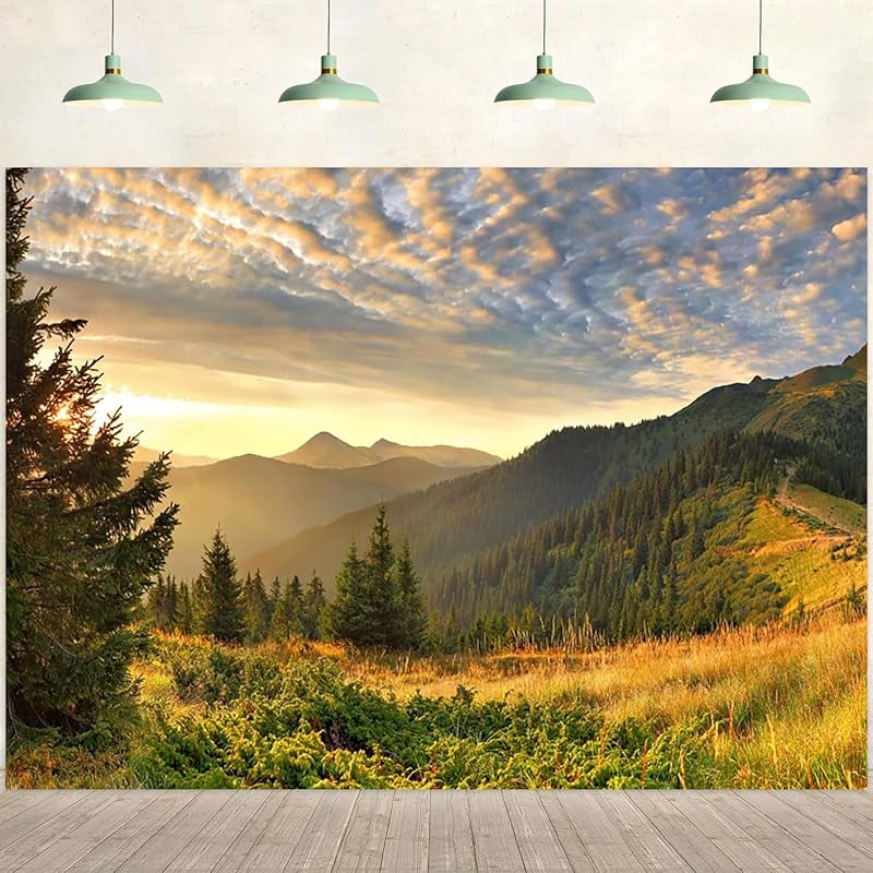 Mountain Landscape Backdrop Nature Scenery Sunset Mountains Green Trees ...