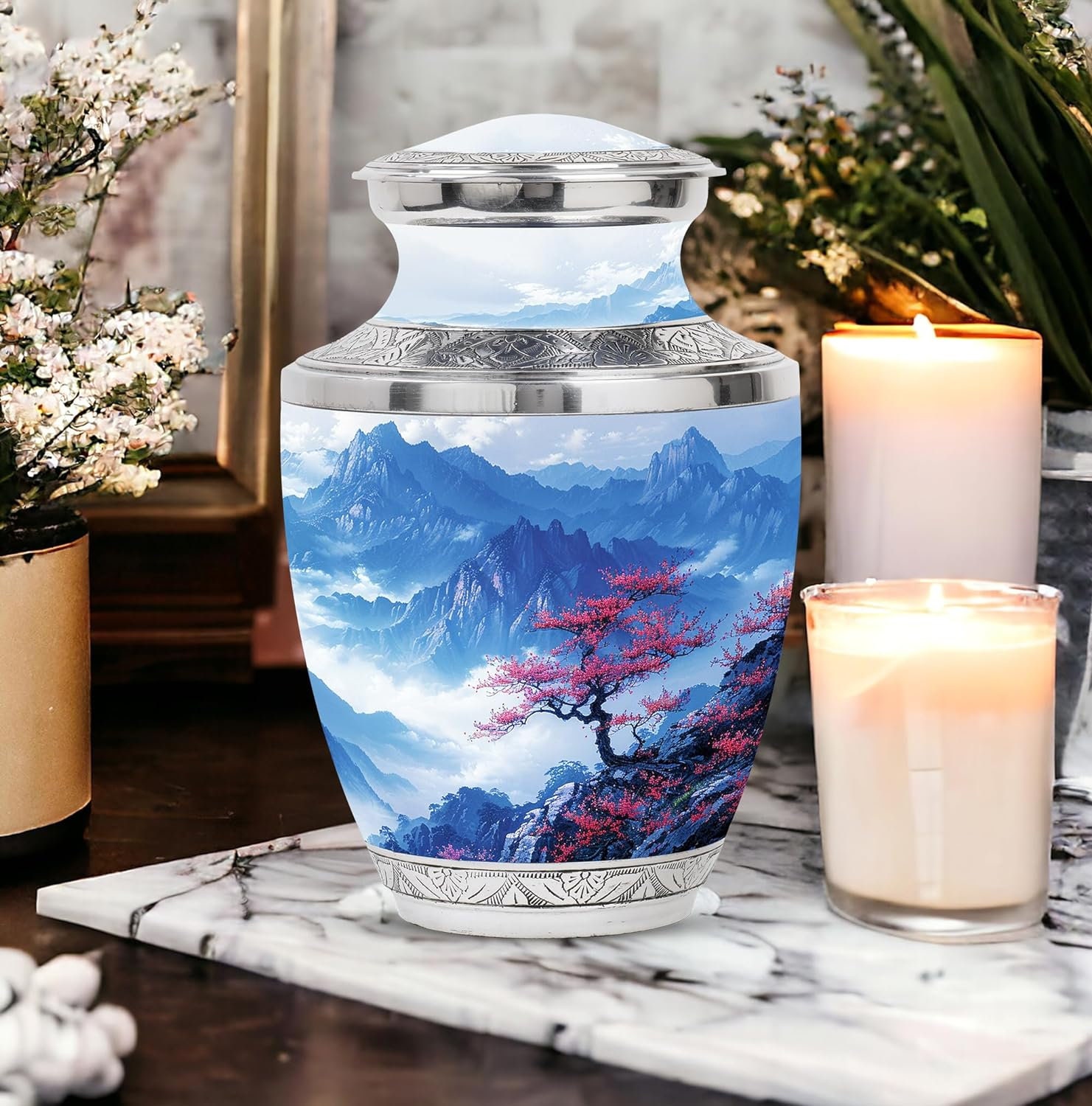 Mountain Landscape Cremation Urn for Human Ashes - Artistic Large Aluminum Urn for Adult Male or ...