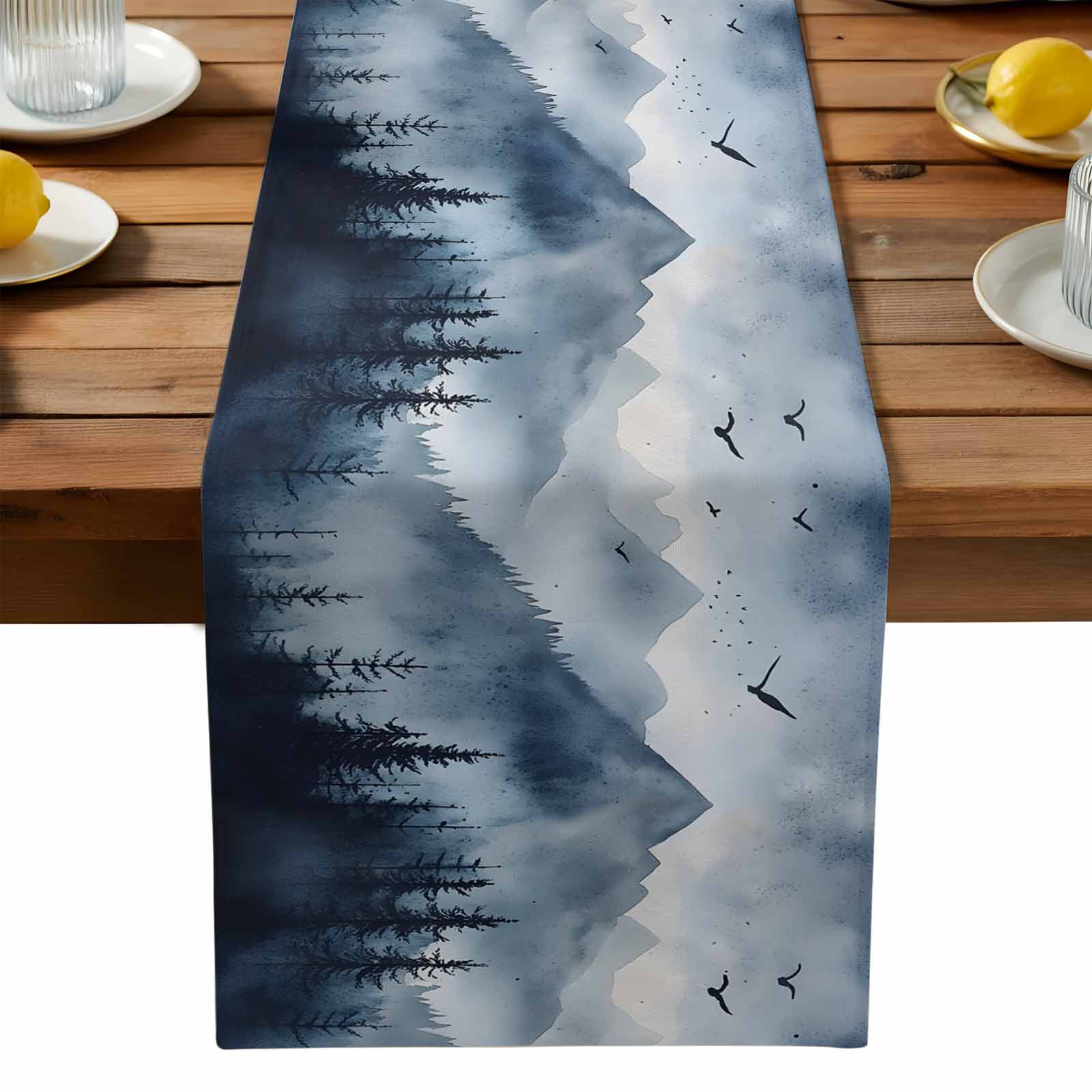 Mountain Landscape Forest Table Runner, Tree Silhouette Blue Bird Sky ...