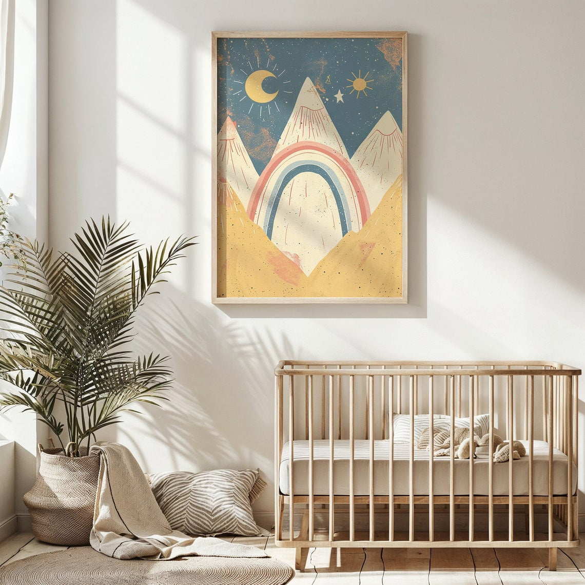Mountain Landscape Nursery Wall Art, Celestial Sun And Moon Kids Poster ...